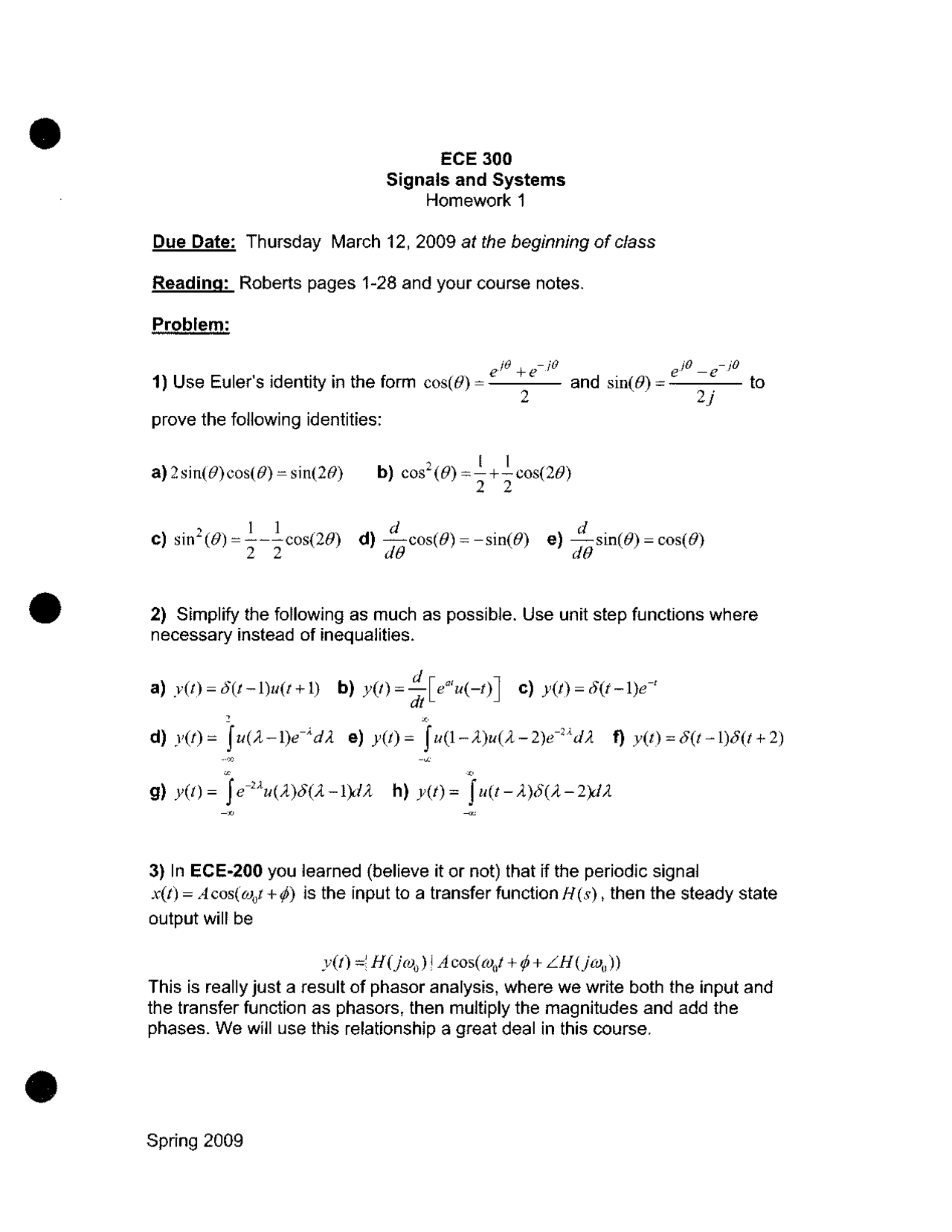 Homework 1 Practice Problems On Signals And Systems Ece 300 Docsity