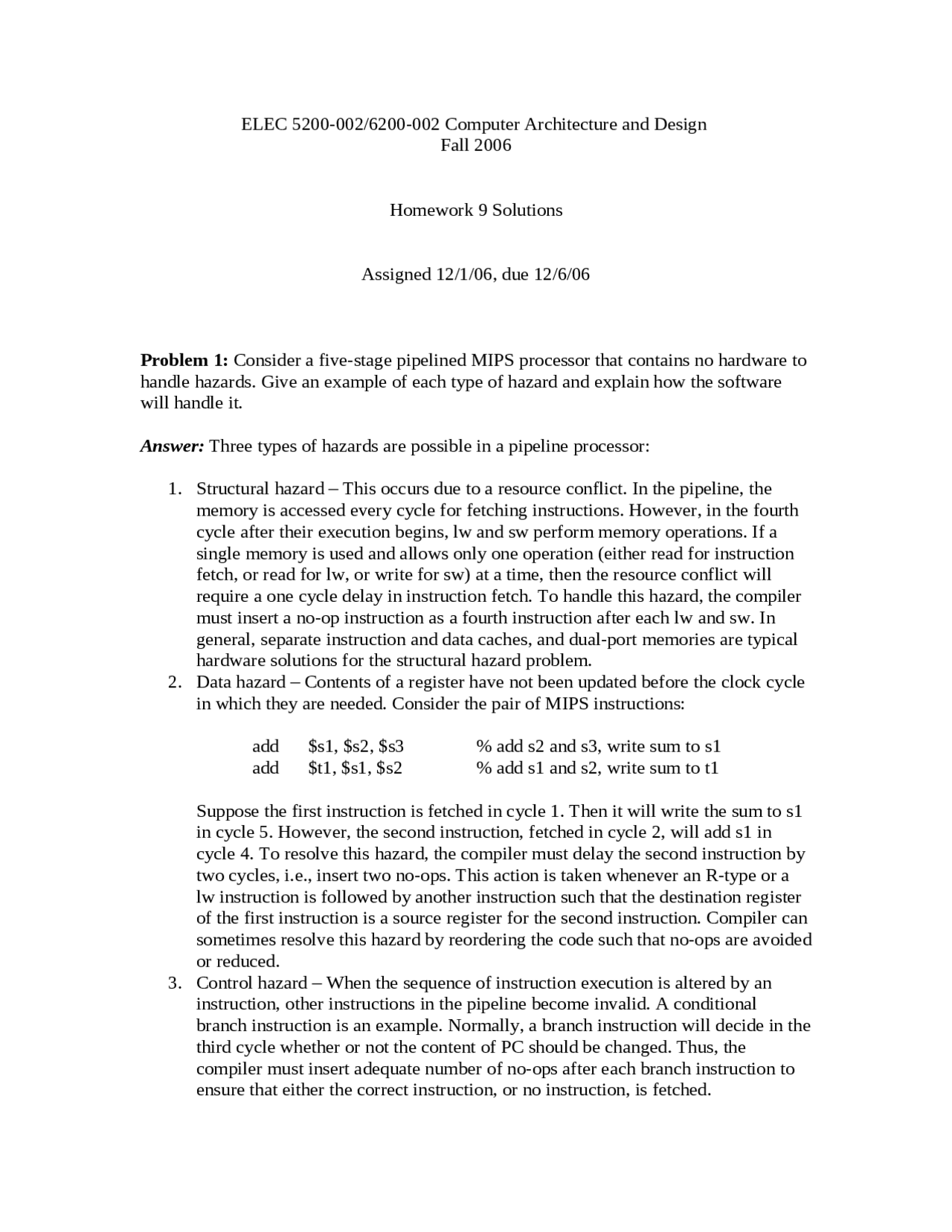 Solutions On Computer Architecture And Design Homework 9 Elec 5200 Docsity