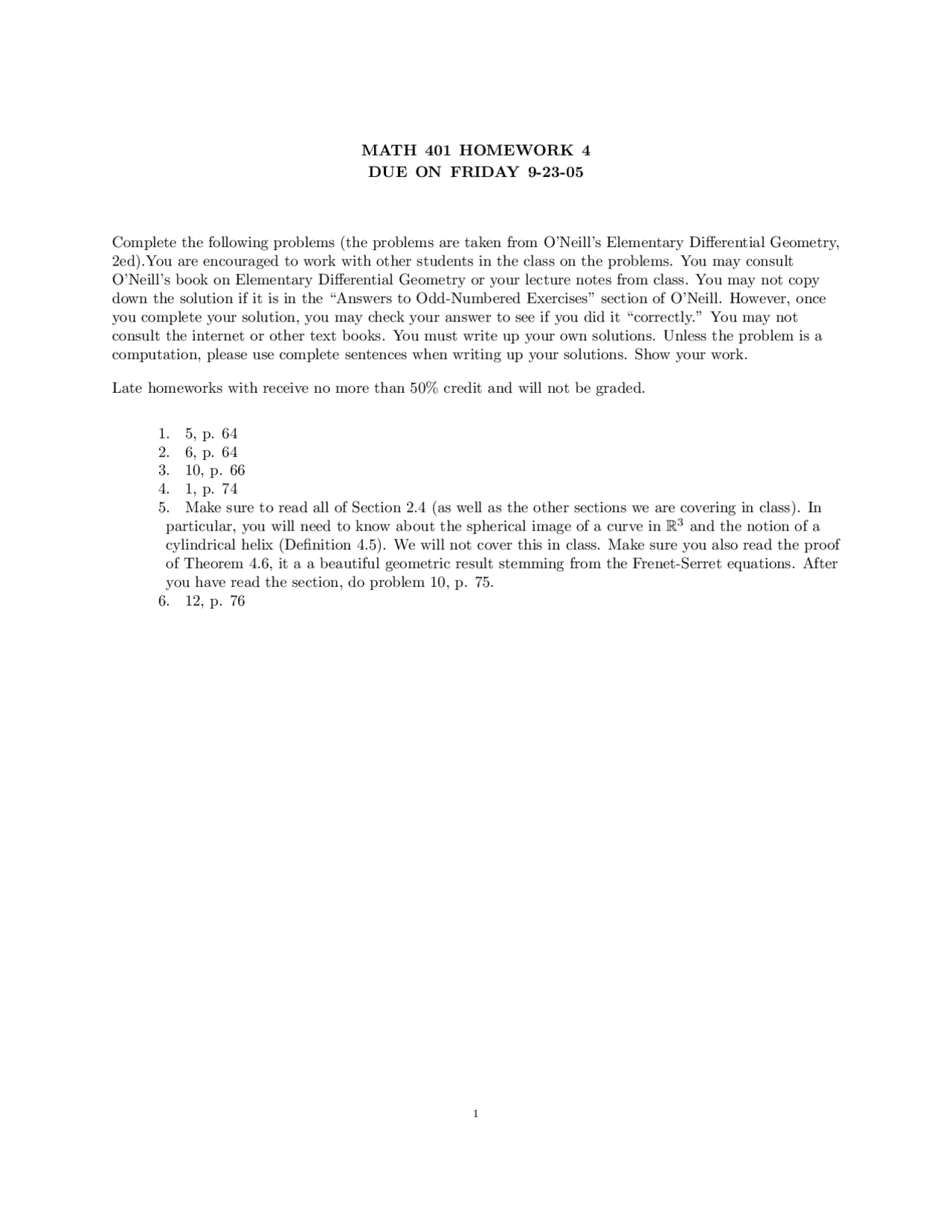 Differential Geometry Problem Set 4 2005 Math 401 Docsity