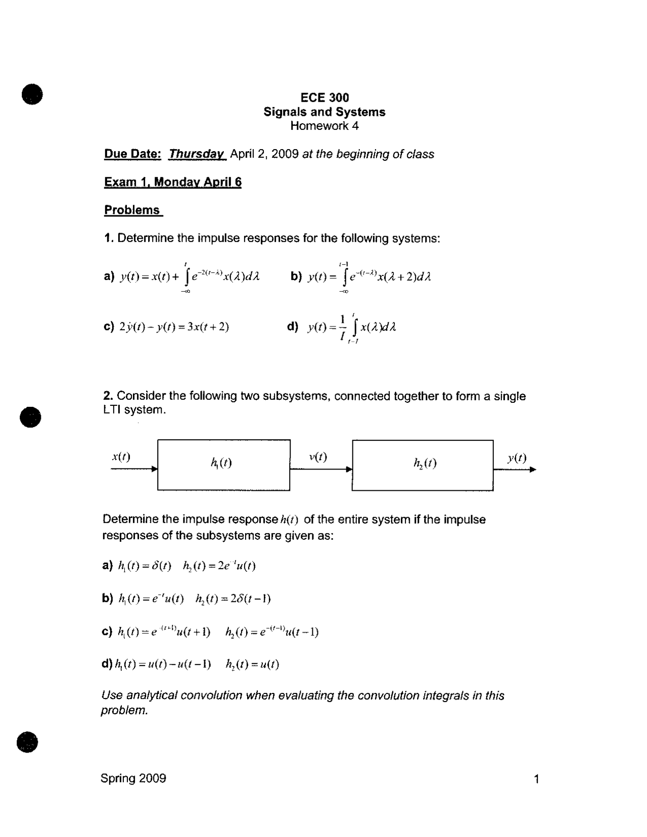 Signals and Systems - Homework 4 Practice Problems | ECE 300 | Assignments Electrical and ...