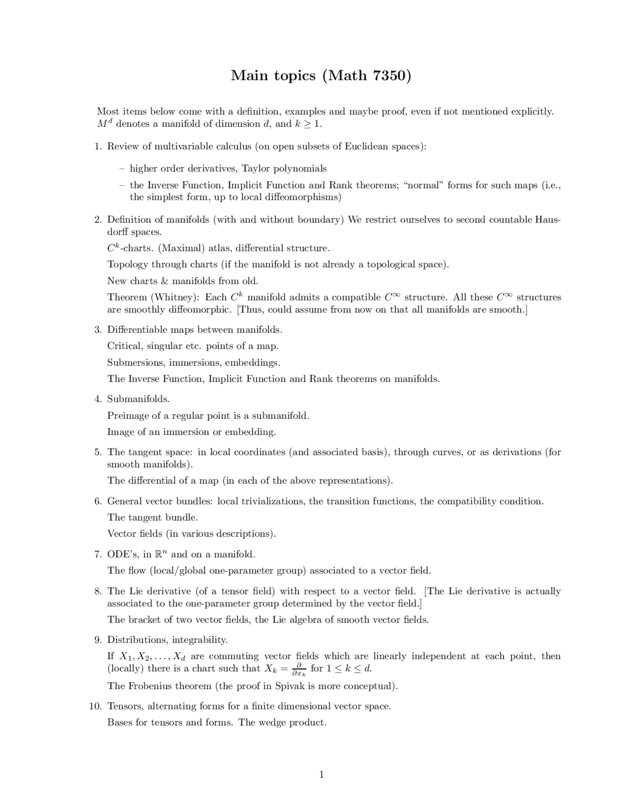 Review Sheet For Multivariable Calculus Geometry Of Manifolds Math