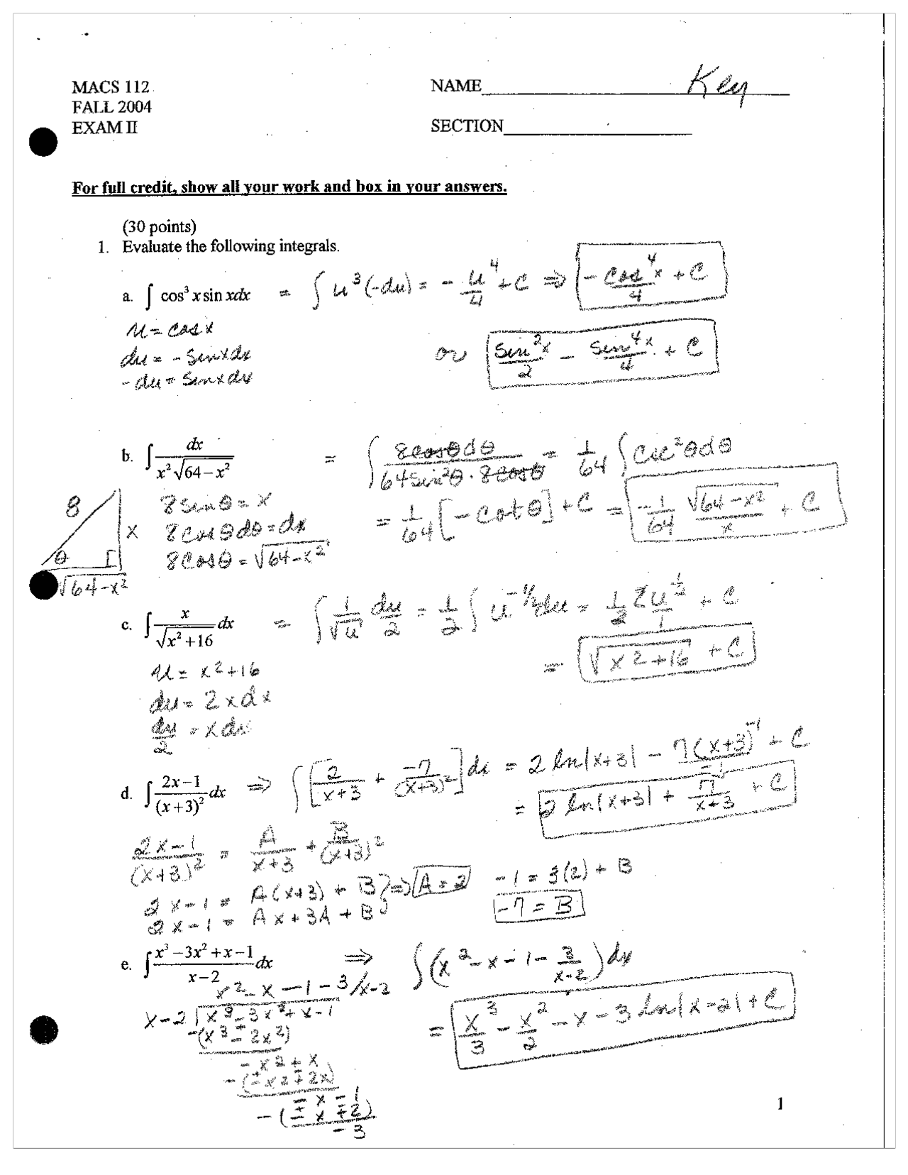 Exam 2 With Answer Key Calculus For Science And Engineering Ii Math