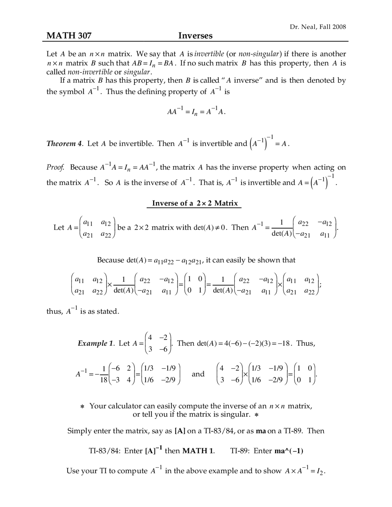 Inverses Introduction To Linear Algebra Lecture Notes Math 307
