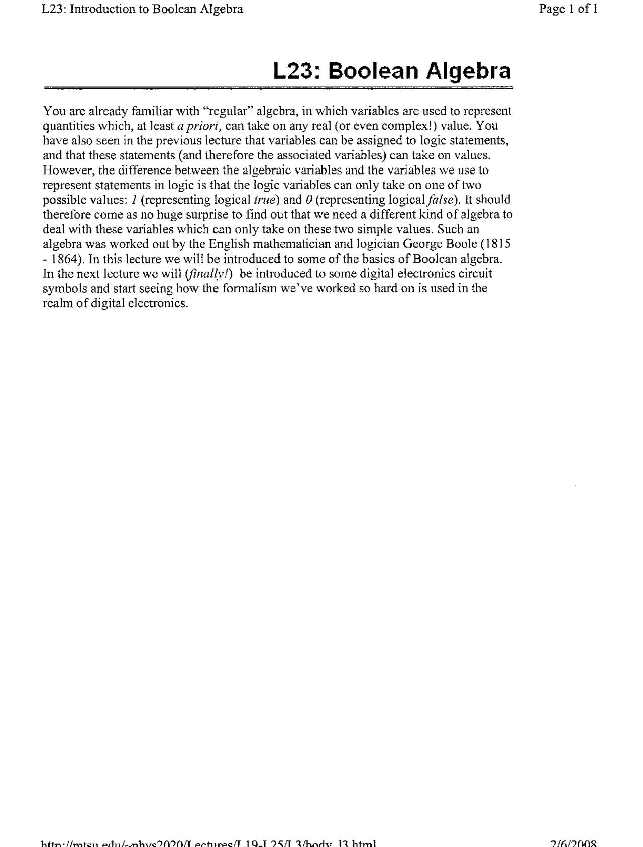 Introduction to Boolean Algebra - Review Sheet | PHYS 2020 - Docsity