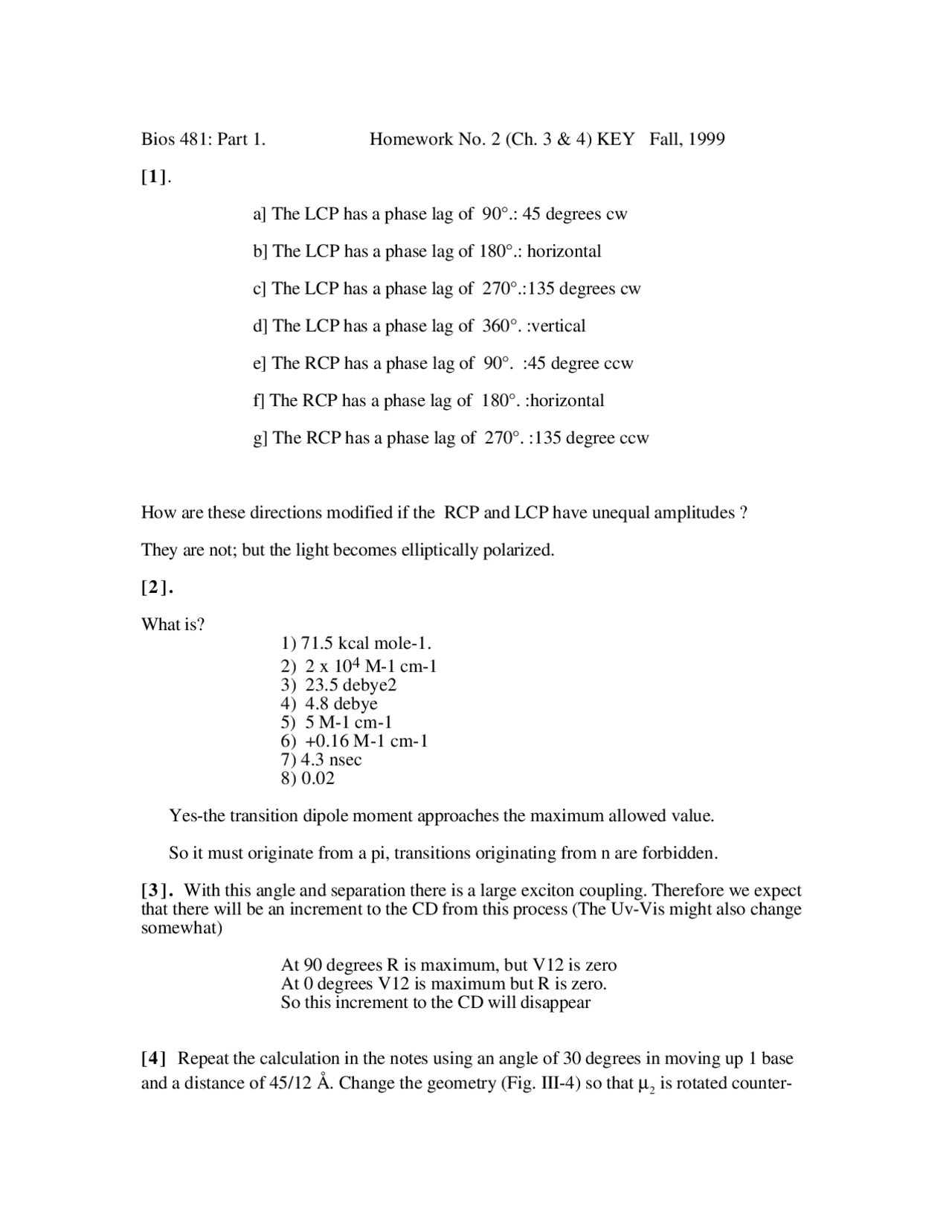Homework 2 Key For Molecular Biophysics I Bios 481 Docsity