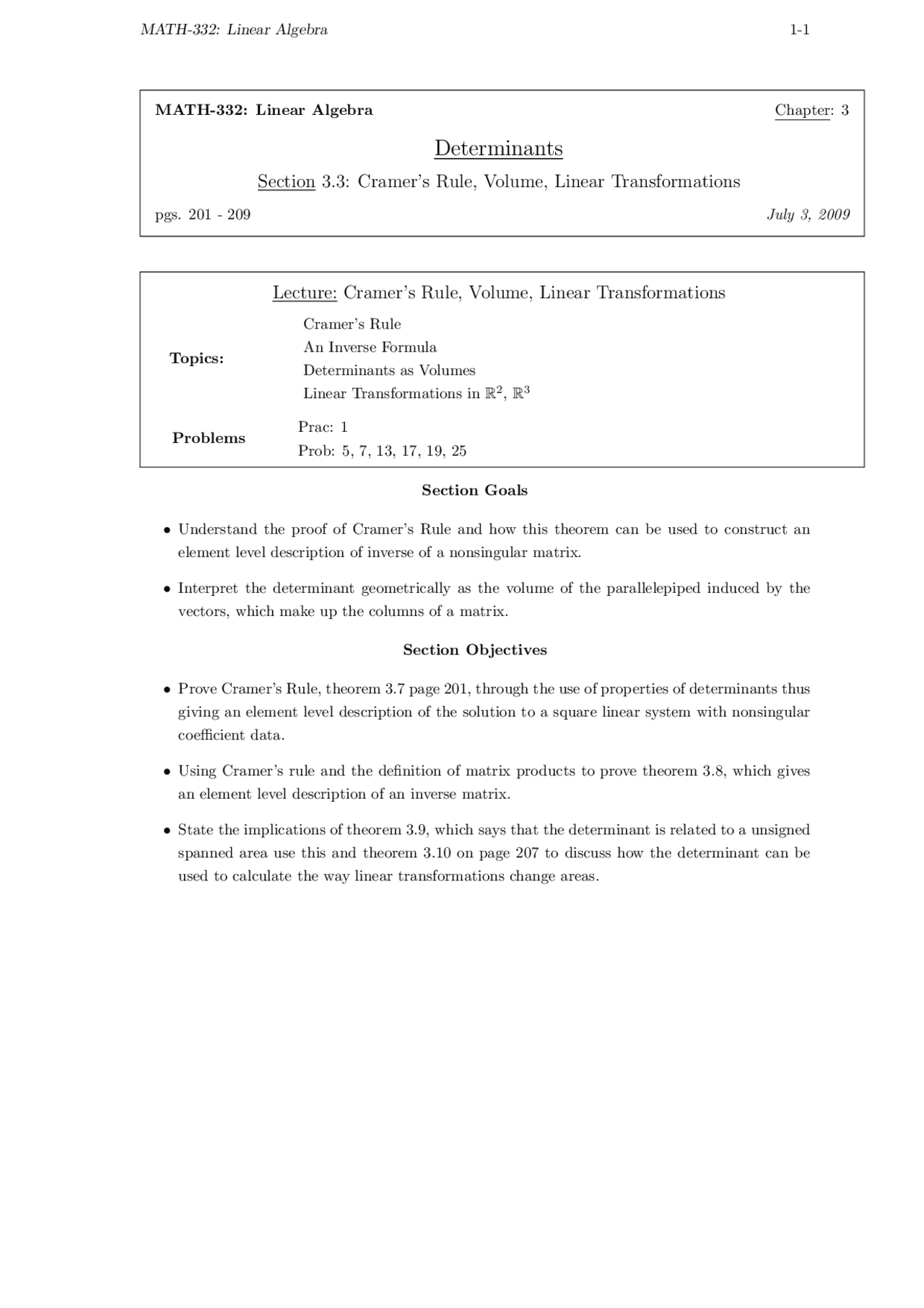 Determinants Linear Algebra Lecture Notes Math 332 Docsity