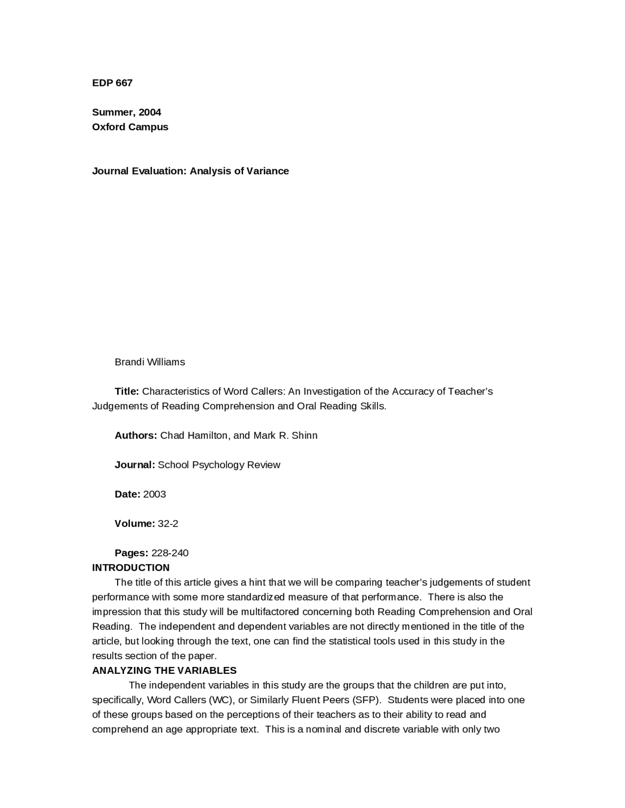 Journal Evaluation Analysis Of Variance Edp 667 Docsity