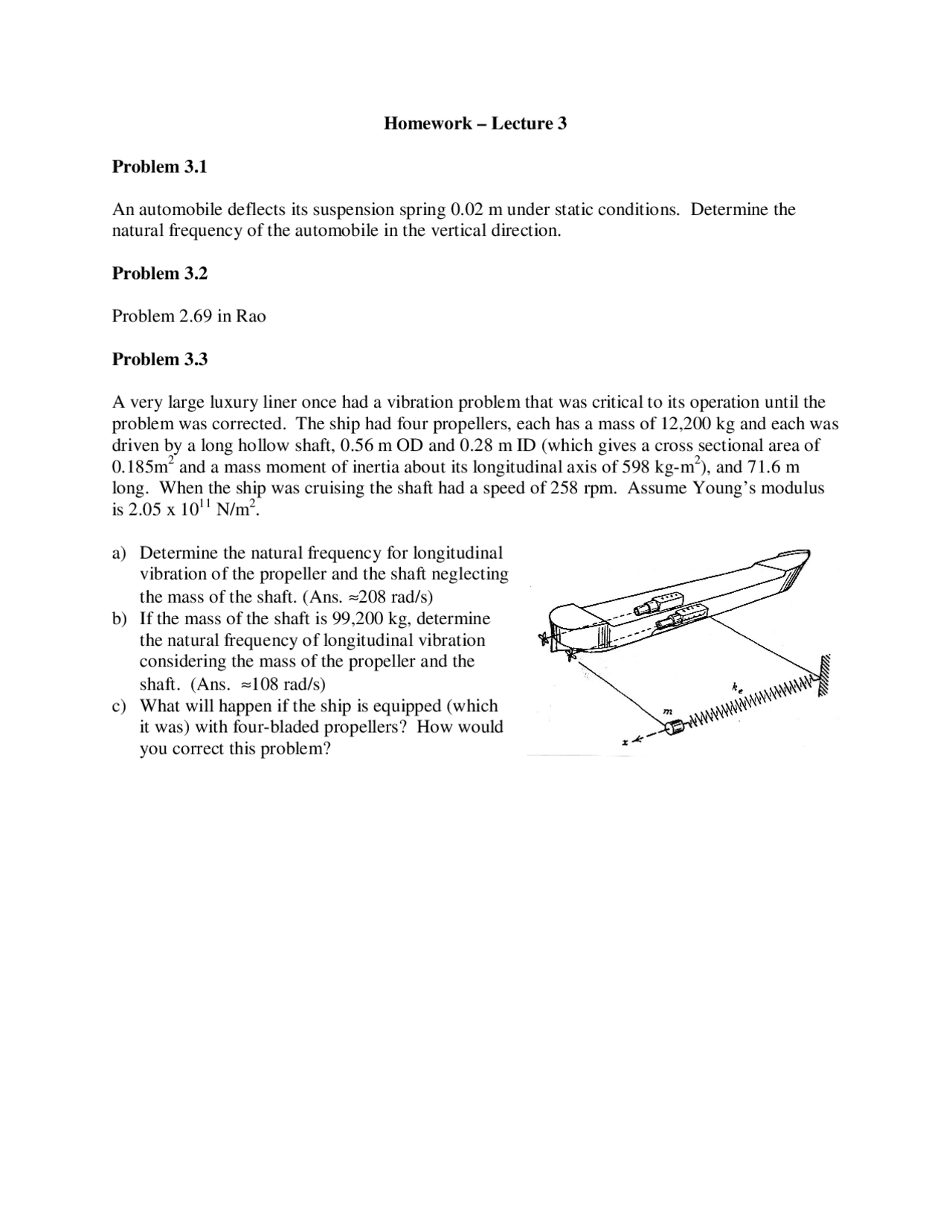 3 Questions For Vibration Analysis Assignment 3 Em 406 Docsity