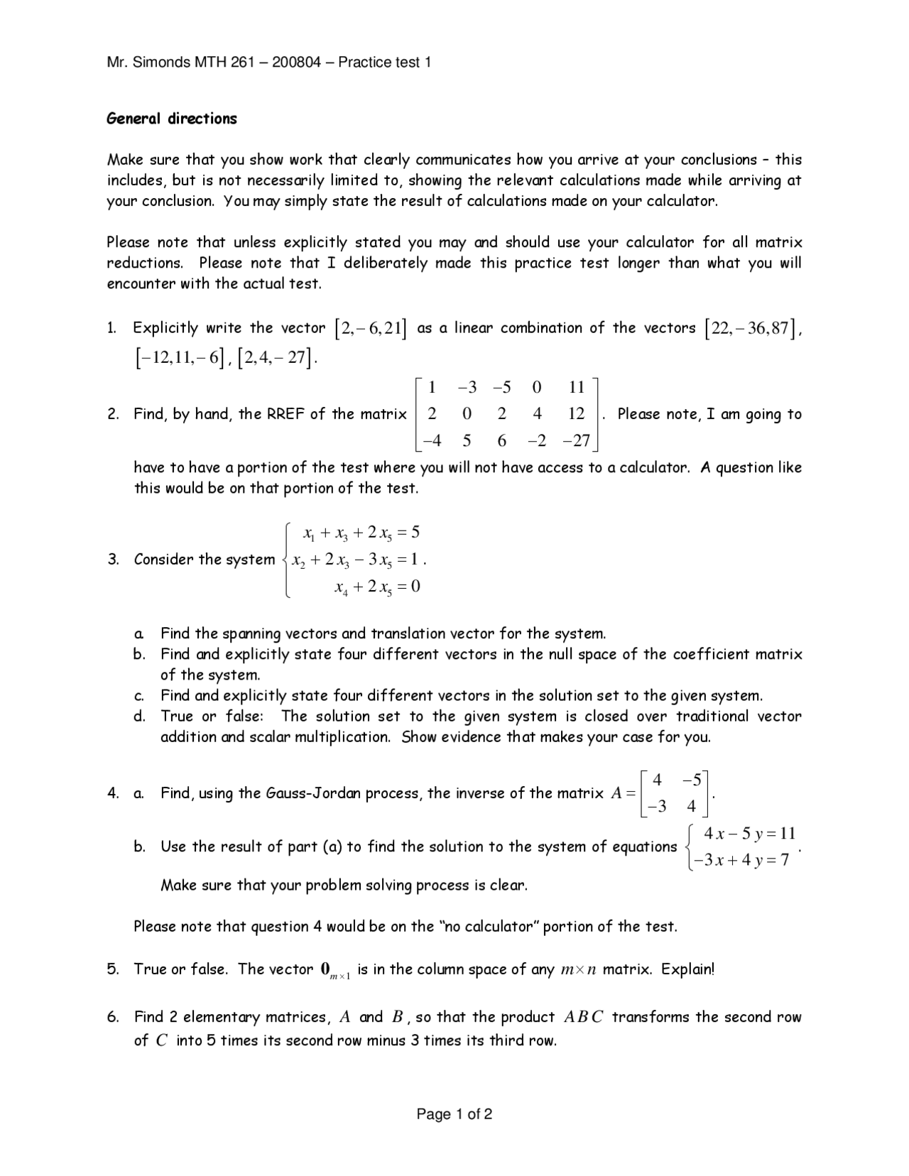 Practice Test 1 Applied Linear Algebra I Mth 261 Docsity