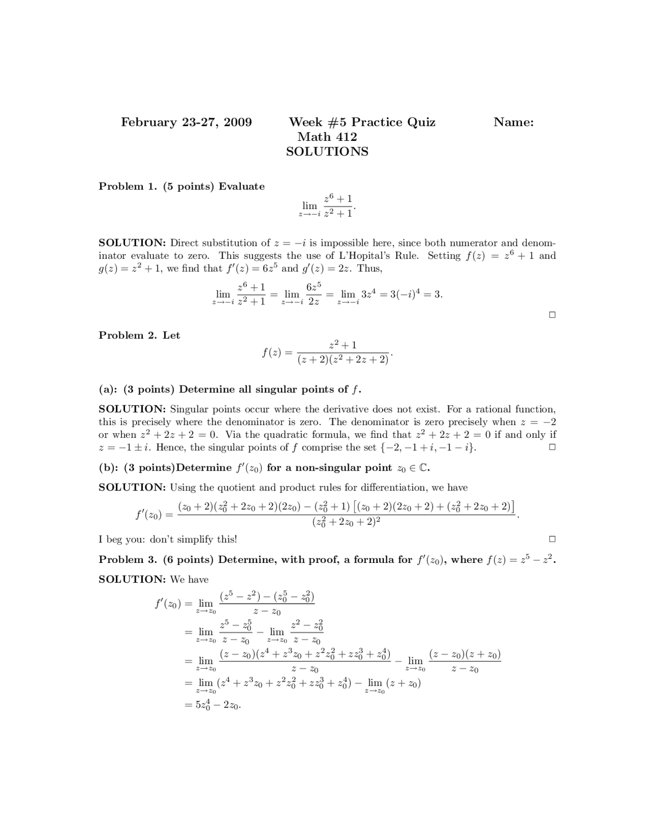 Solved Practice Quiz Complex Analysis Math 412 Docsity