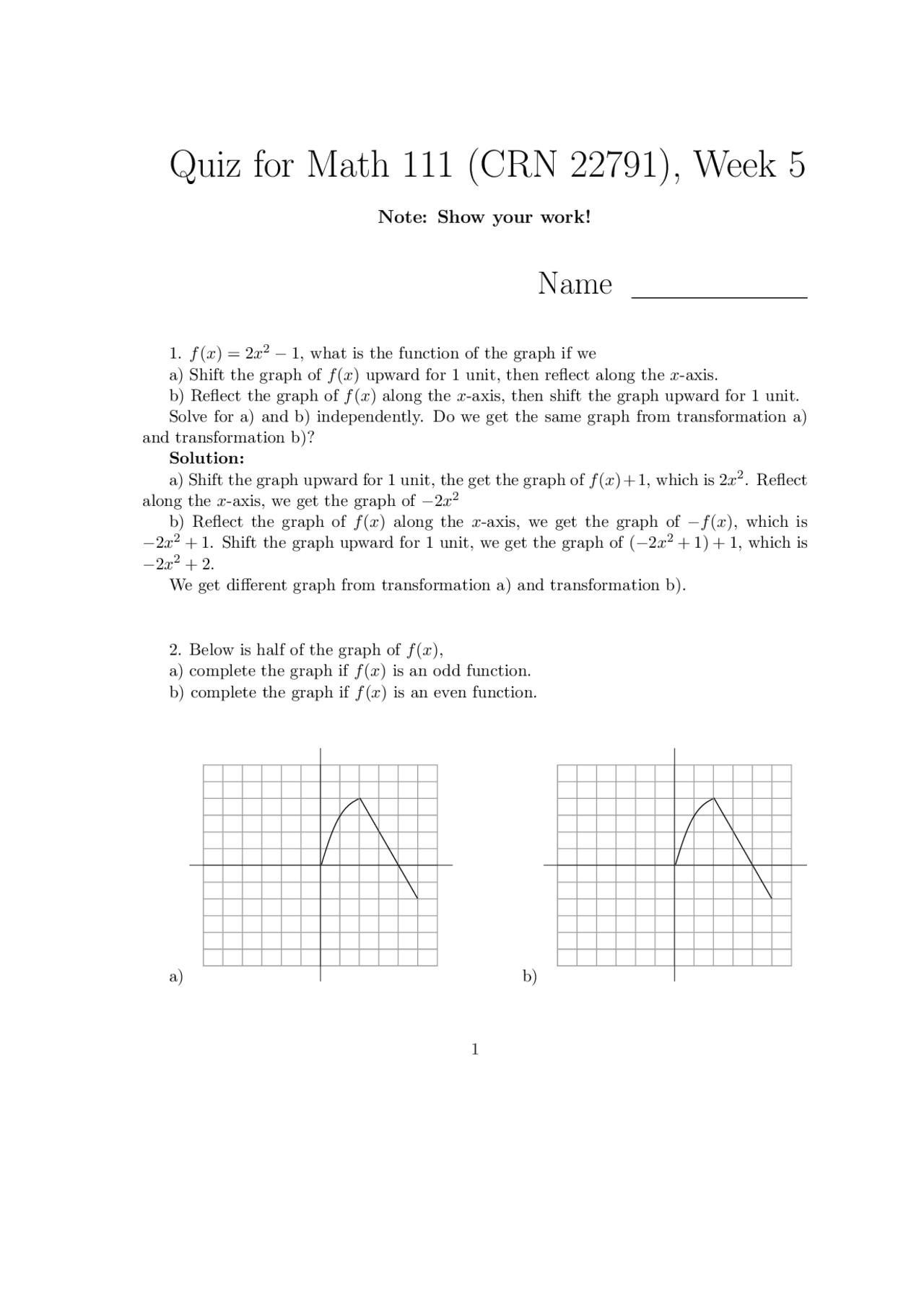 Solutions For Quiz College Algebra Math 111 Docsity