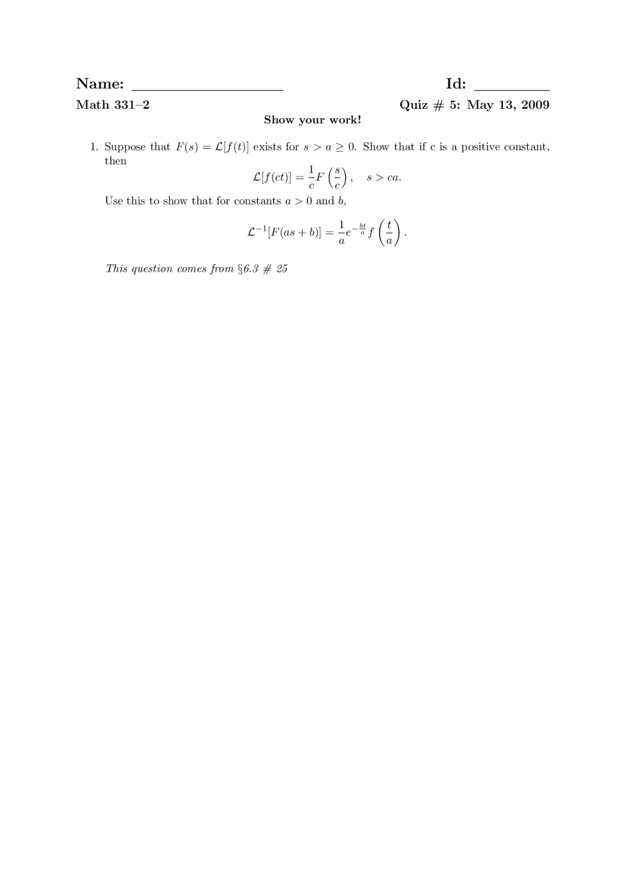 Laplace Transform Quiz Ordinary Differential Equations Math 331