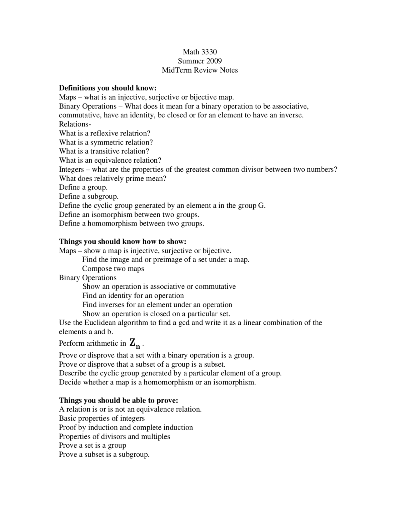 Abstract Algebra Midterm Examination Math 3330 Docsity