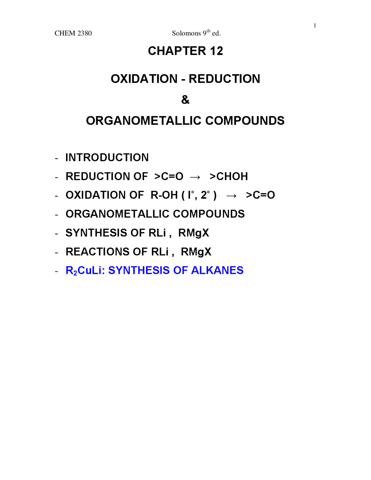 Oxidation Reduction And Organometallic Compounds Chem 2380 Docsity