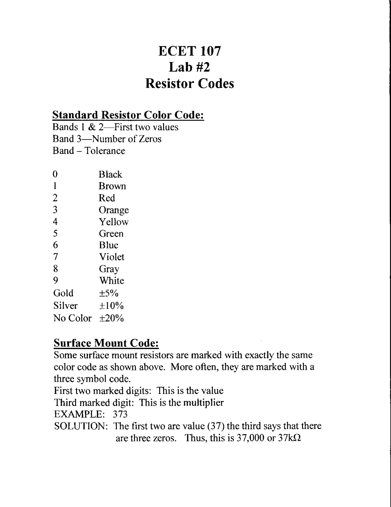 Resistor Codes Introduction To Circuit Analysis Lab 2 Ecet 107 Lab Reports Electrical