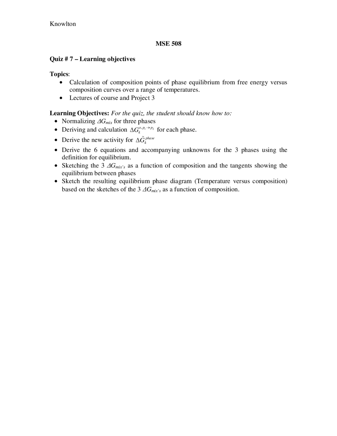 Quiz 7 Learning Objectives Solid State Thermodynamics Mse 508