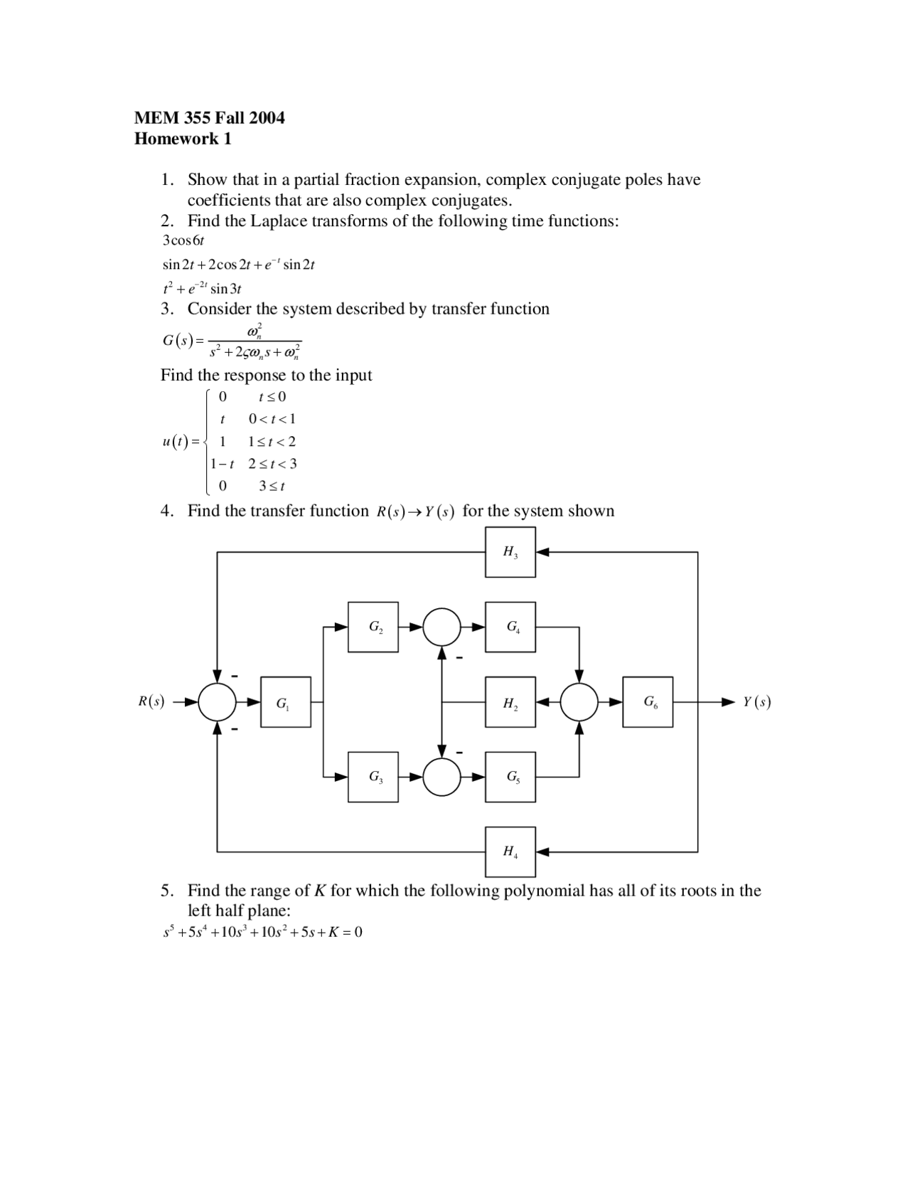 Performance Enhancement of Dynamic Systems - Assignment 1 | MEM 355 - Docsity