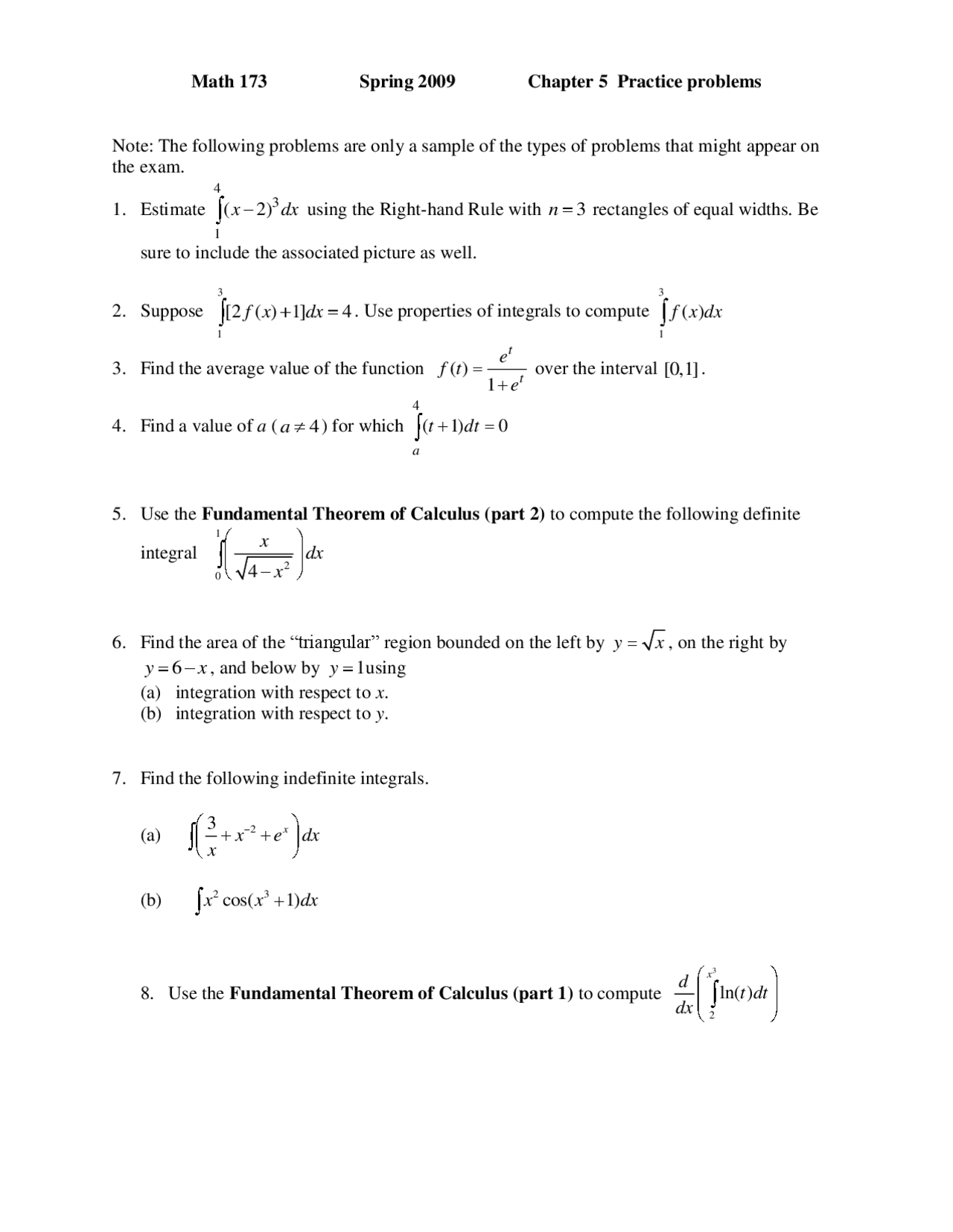 Practice Problems Exam 4 Calculus Ii Math 173 Docsity