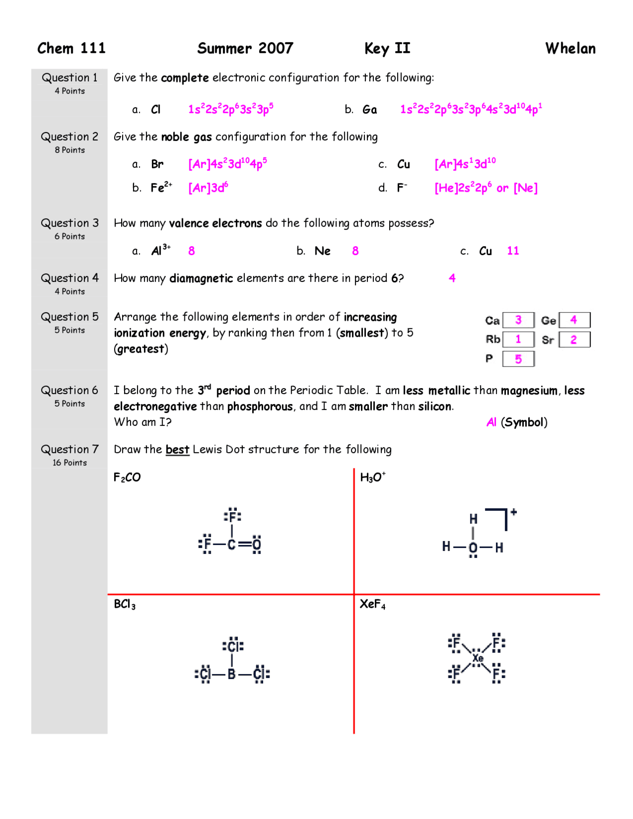 12 Solved Questions On General Chemistry Examination Chem 111 Docsity