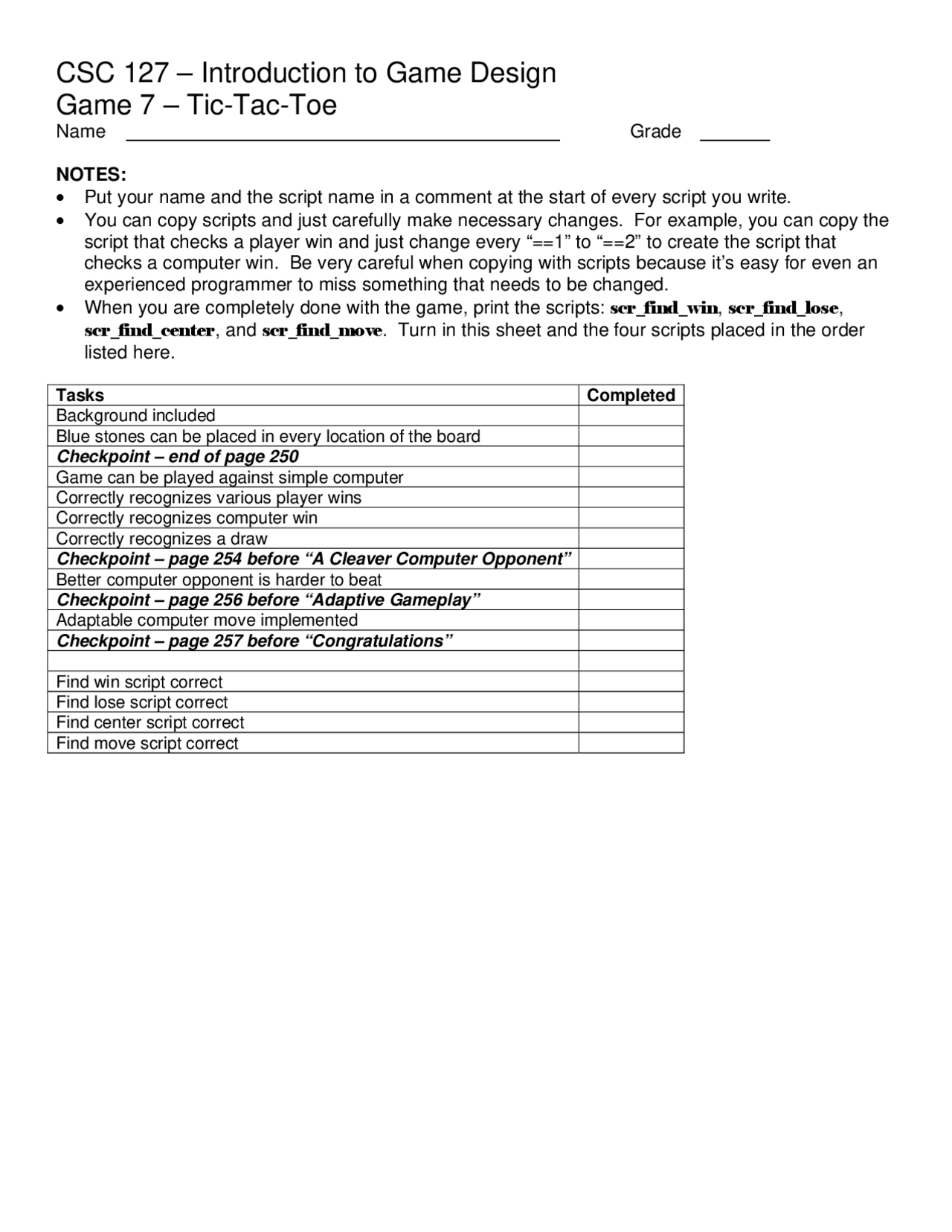 Tic Tac Toe Game Design Introduction To Game Design Csc 127 Docsity