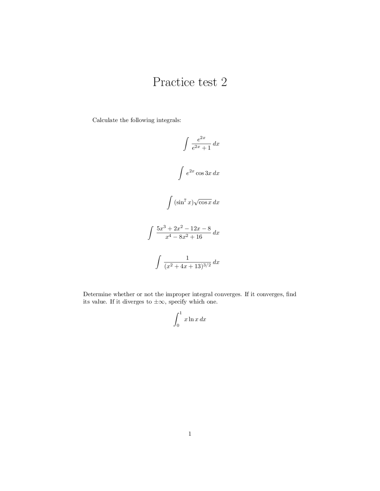 Practice Question Of Exam 2 Single Variable Calculus I Math 102