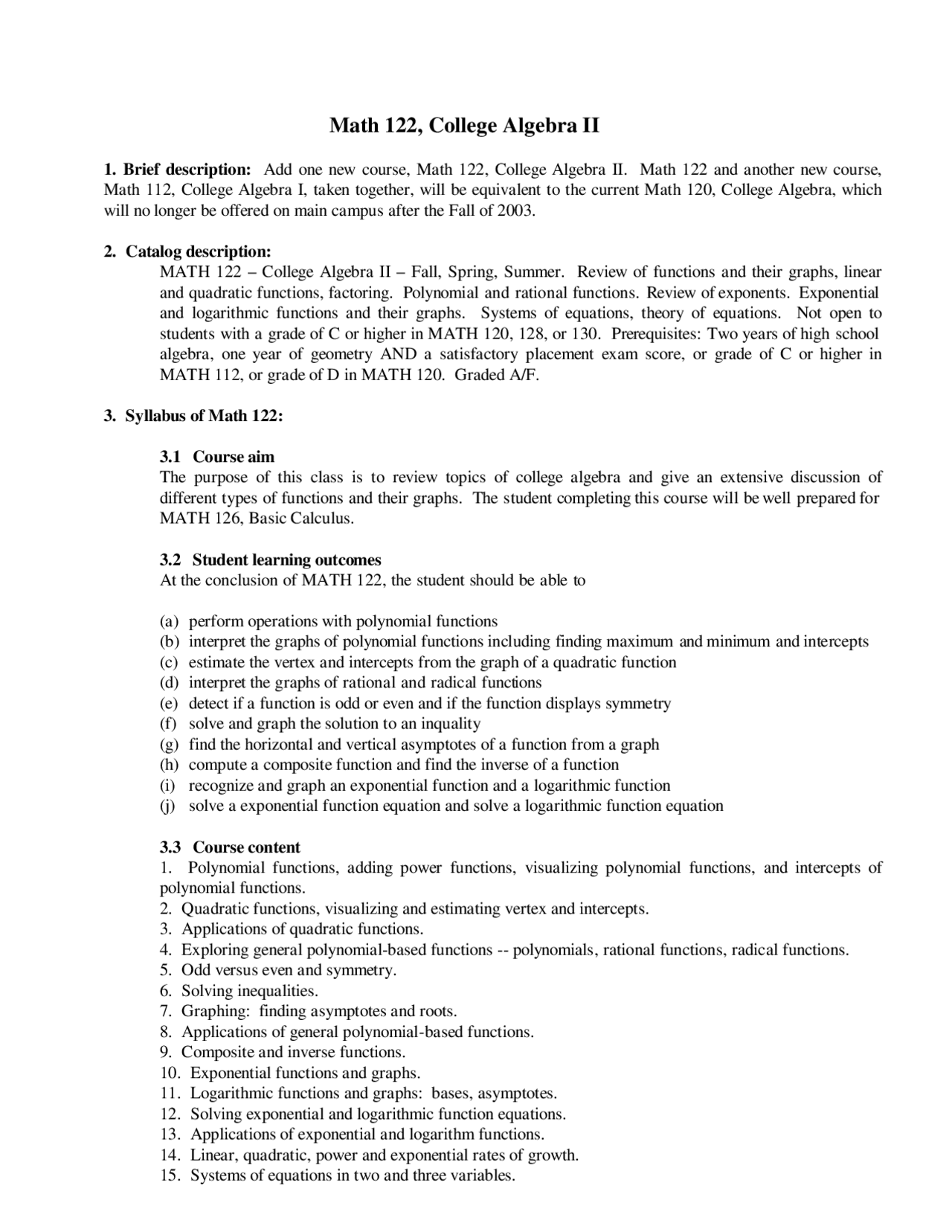 Math 122: College Algebra II - Course Description and Learning Outcomes ...