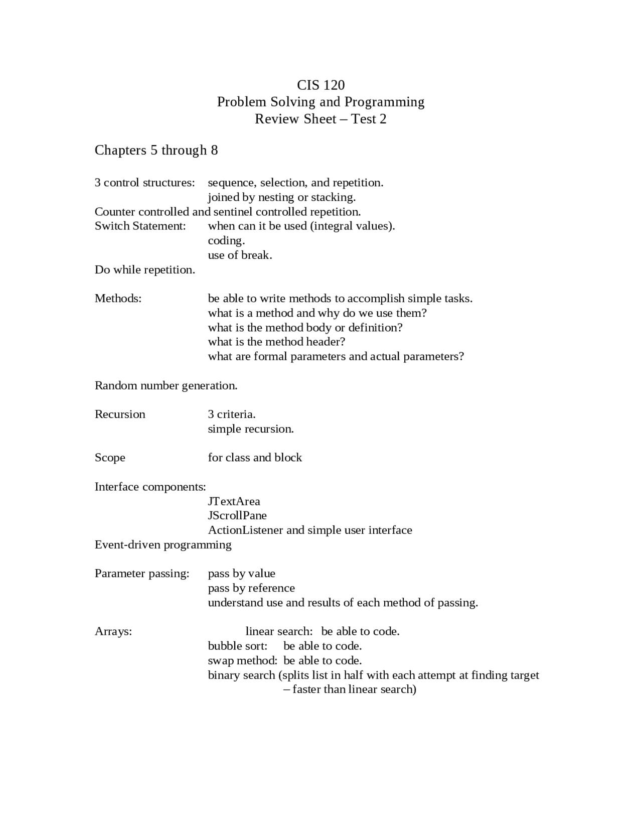 Review Sheet For Exam 2 Problems Solving Program Concepts Cis 120 Docsity
