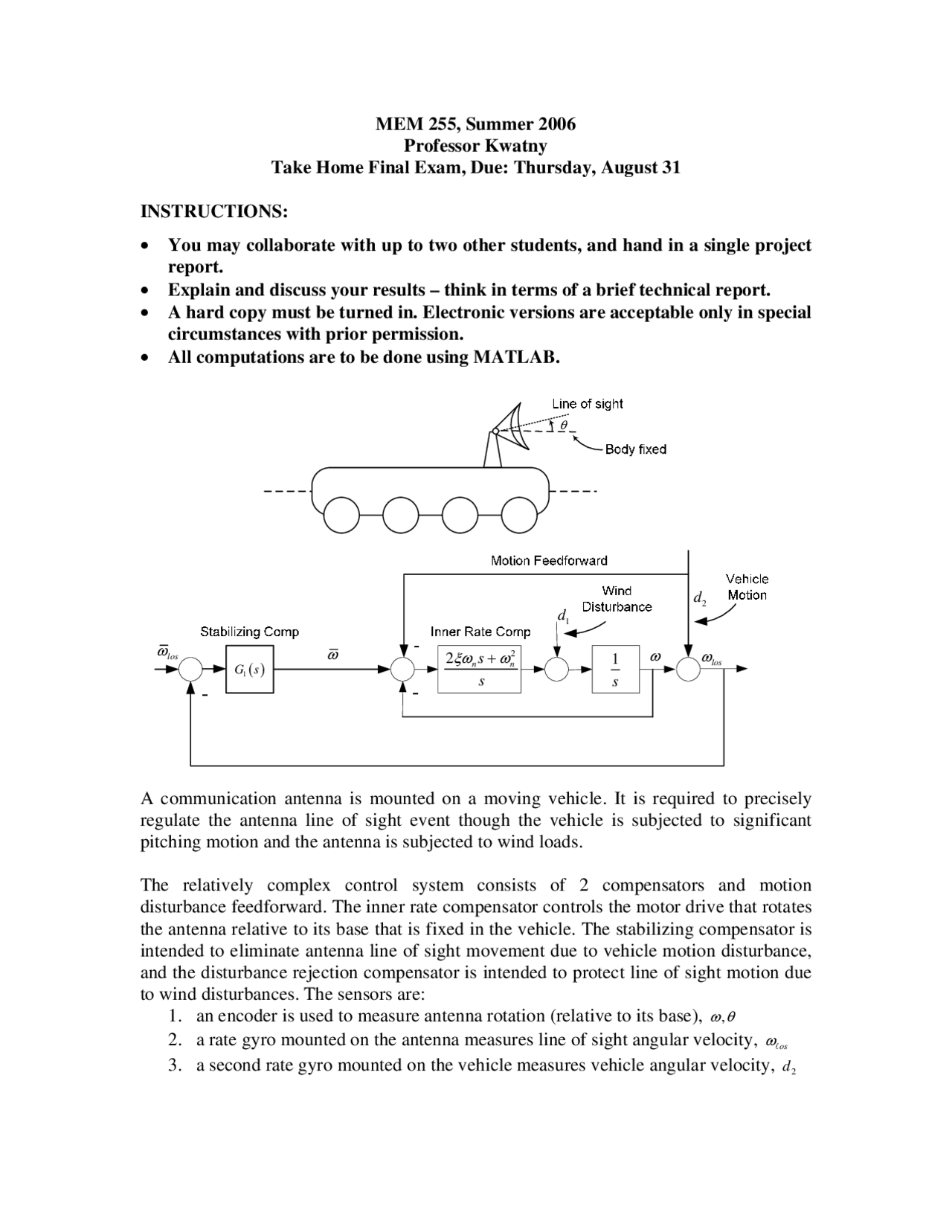Introduction To Controls Take Home Final Exam Mem 255 Docsity