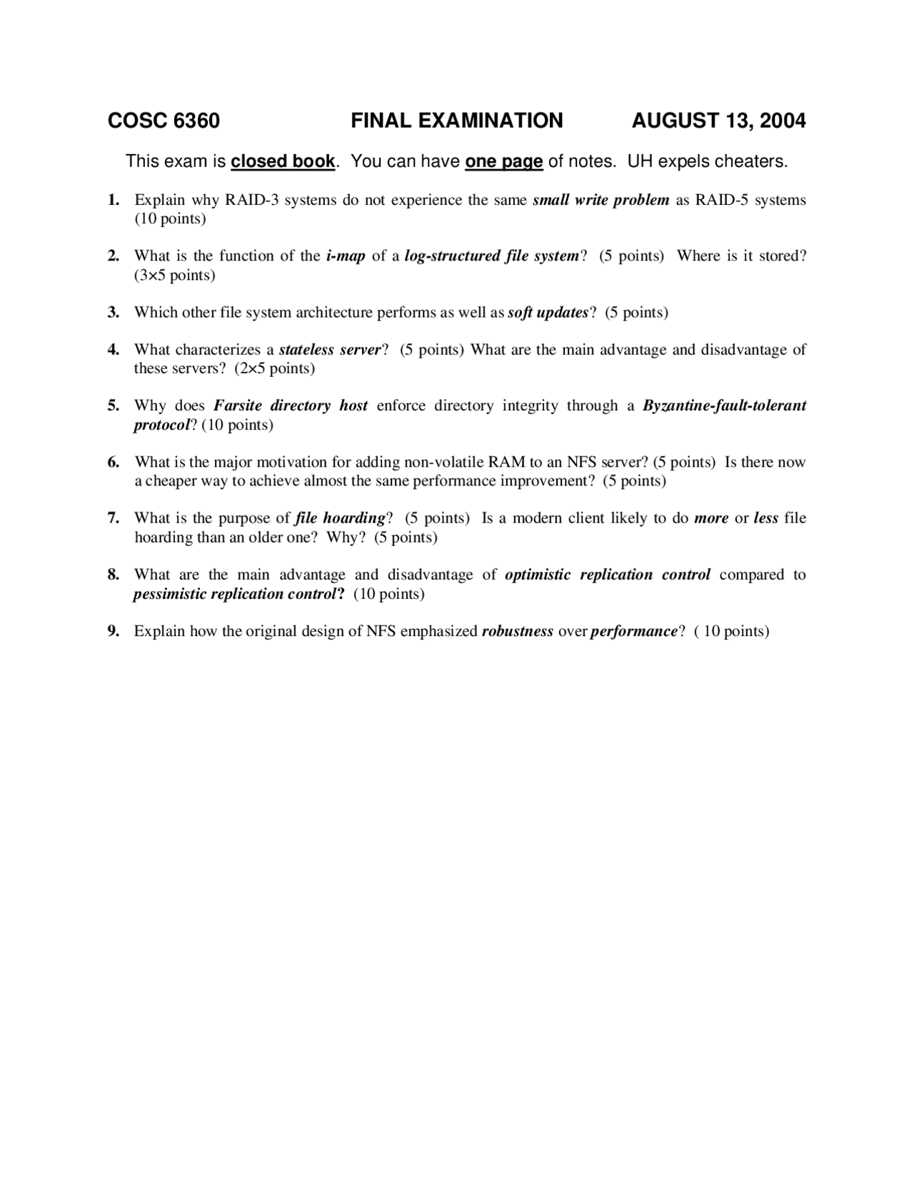 Final Examination Operating Systems Fall 2004 Cosc 6360 Docsity