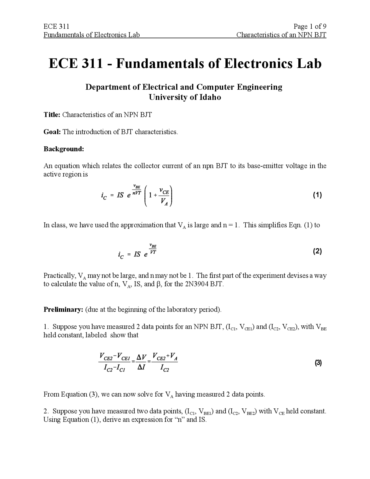 Characteristics of an NPN BJT - Fundamentals of Electronics Lab | ECE 311 - Docsity