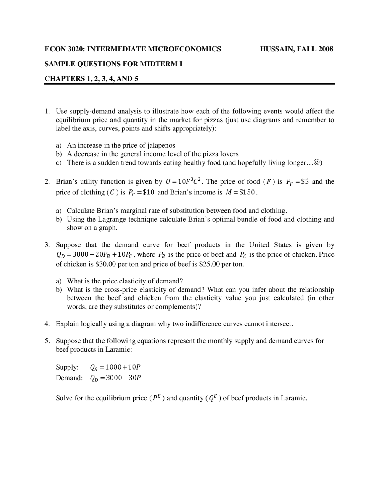 Sample Questions for Midterm I - Intermediate Microeconomics | ECON ...