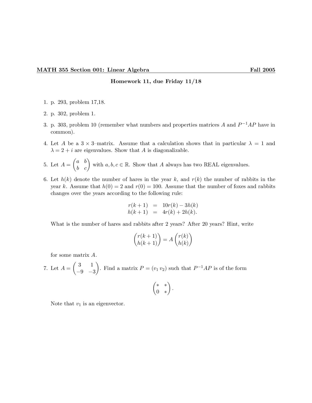 Linear Algebra Problem Set 11 Fall 2005 Math 355 Docsity