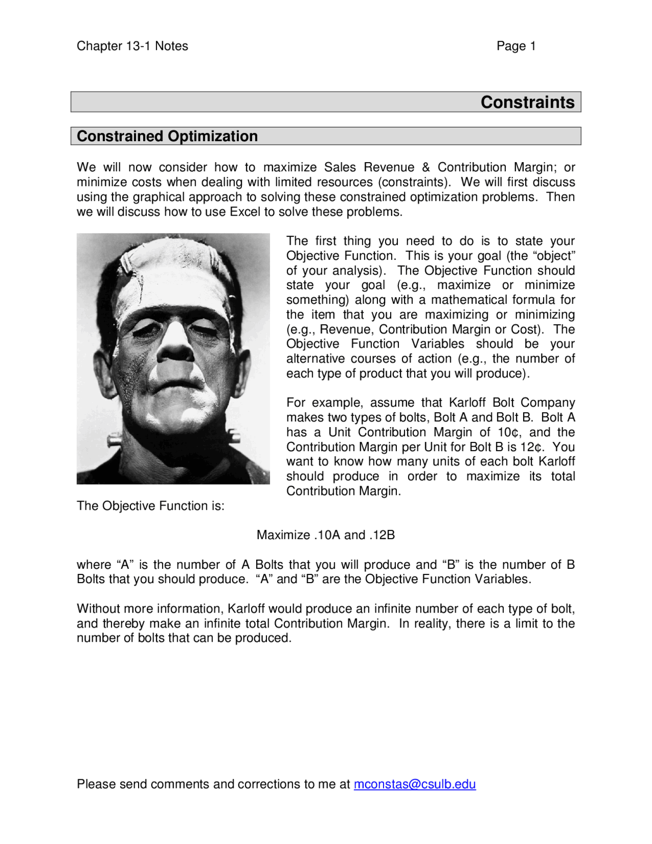 Notes On Constrained Optimization Cost Accounting For Managers Acct