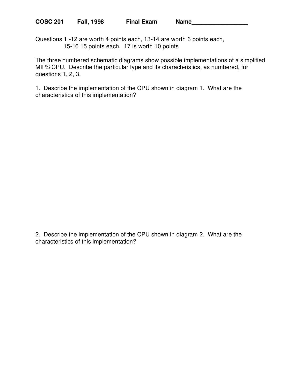 Sample Questions For Old Final Exam Computer Organization Cosc 201