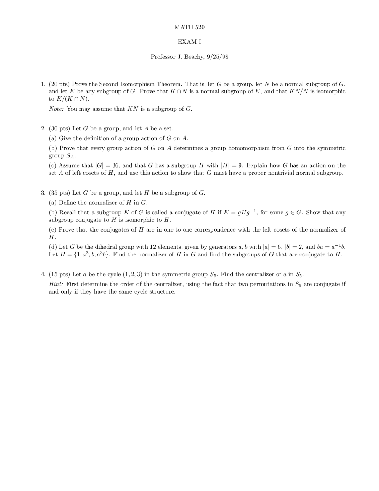 Practice Exam 1 Fall 1998 Algebra I Math 520 Docsity