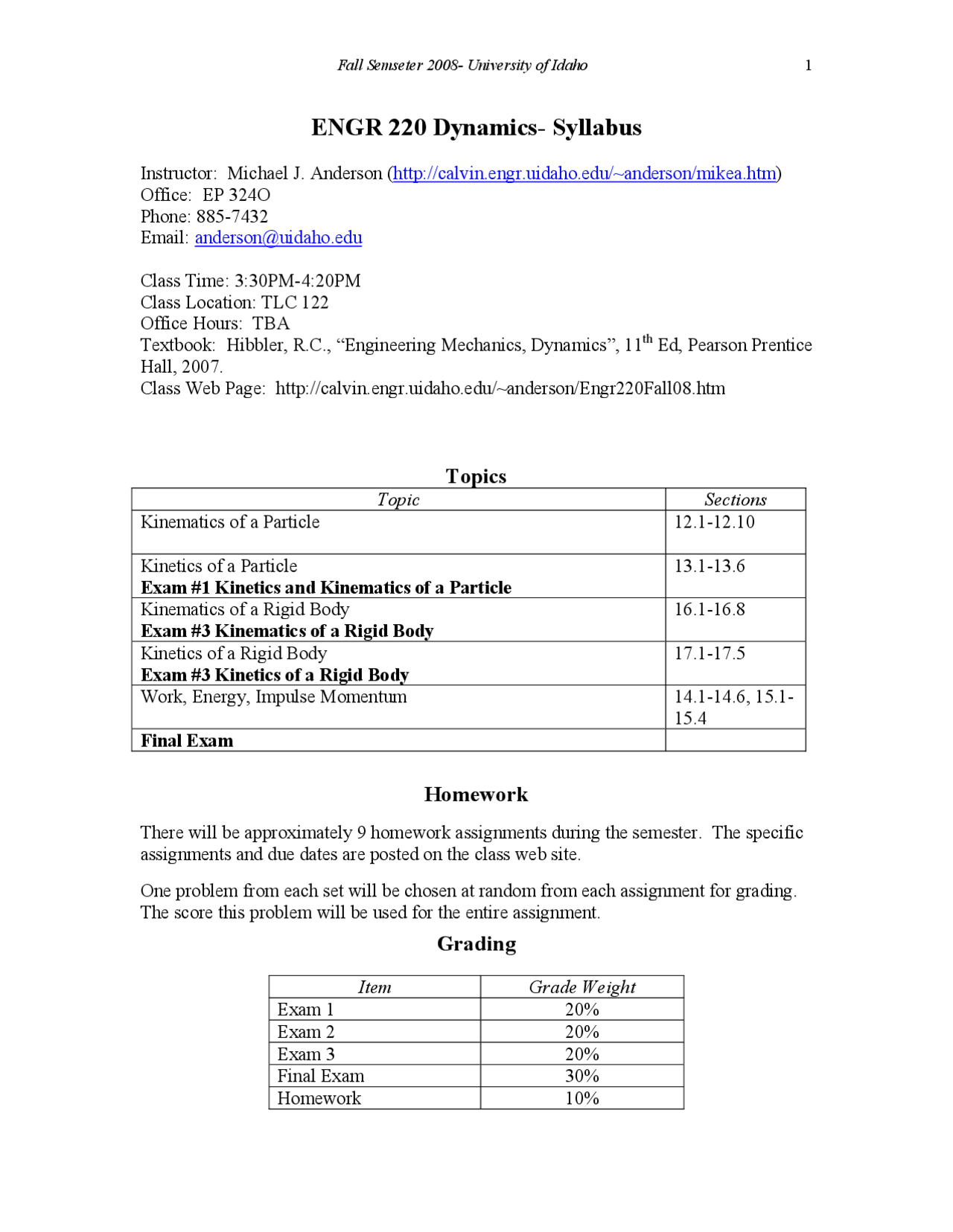 Engineering Mechanics Dynamics - Syllabus | ENGR 220 - Docsity