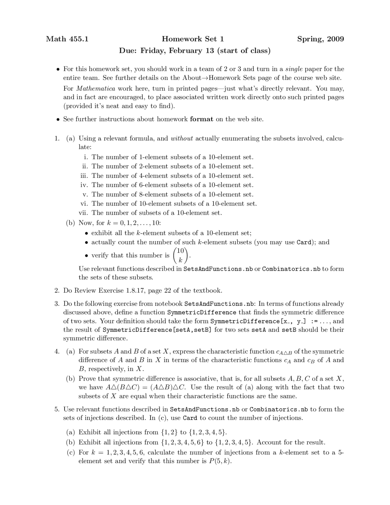 Homework Set I Questions Introduction To Discrete Structures Math