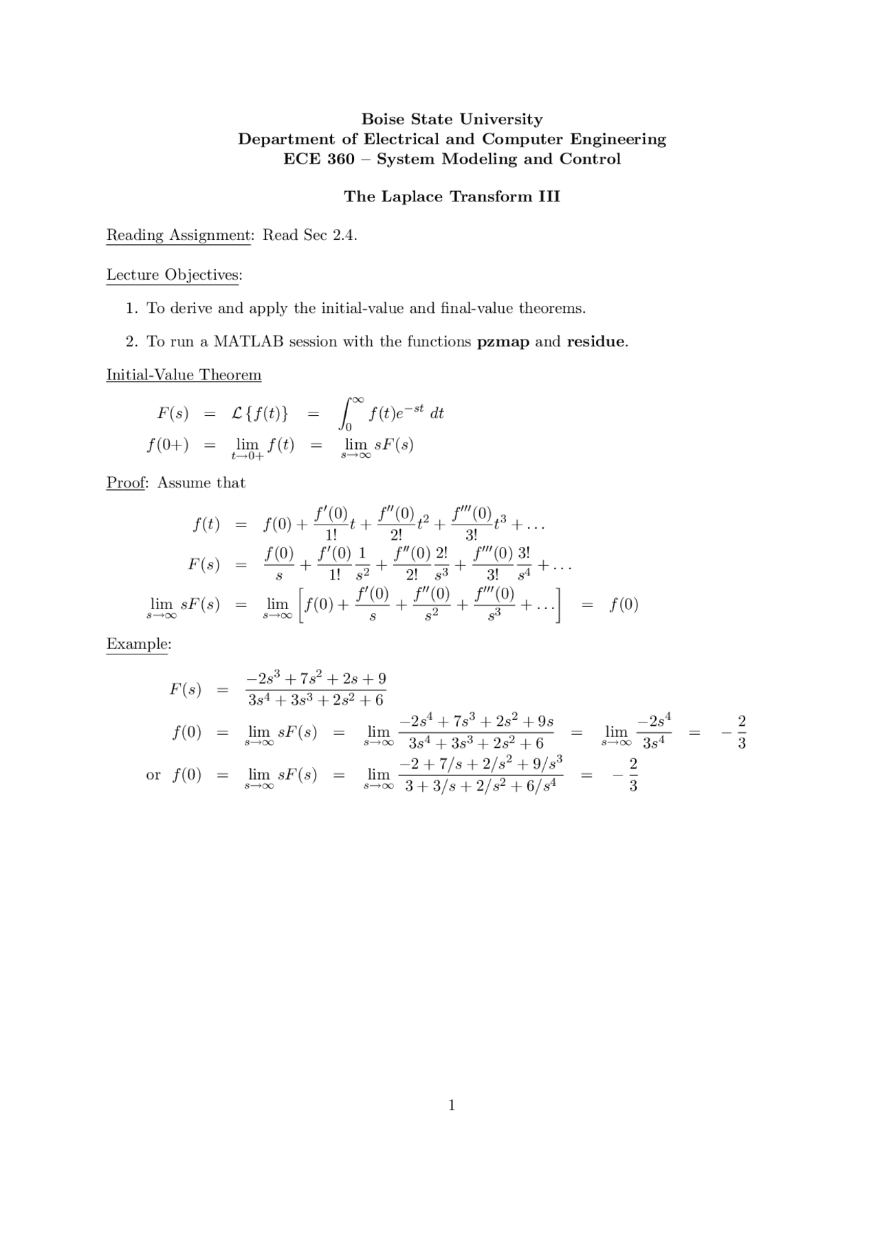 The Laplace Transforms Iii Reading Assignment Ece 360 Docsity