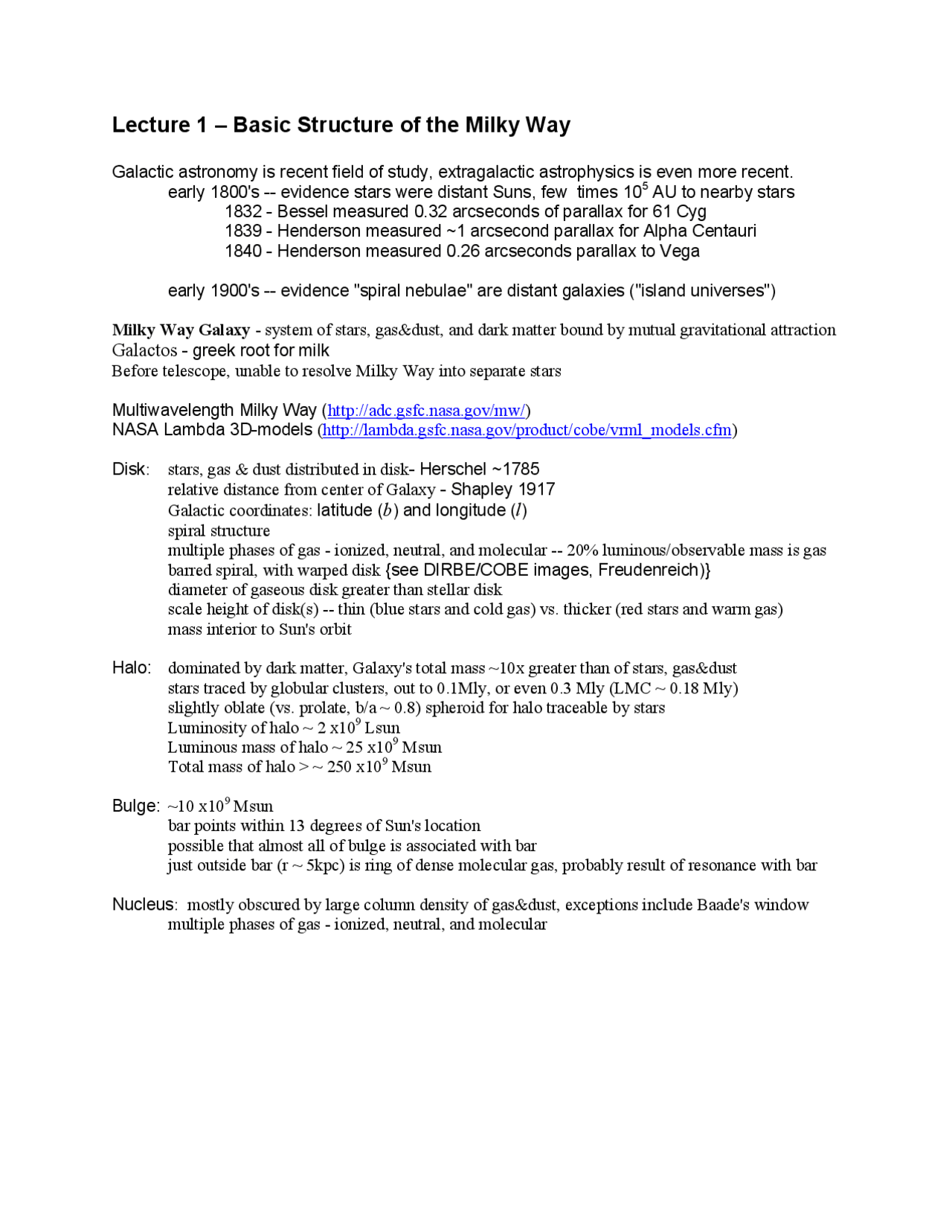 Basic Structure Of The Milky Way Lecture Notes Astr 414 Docsity