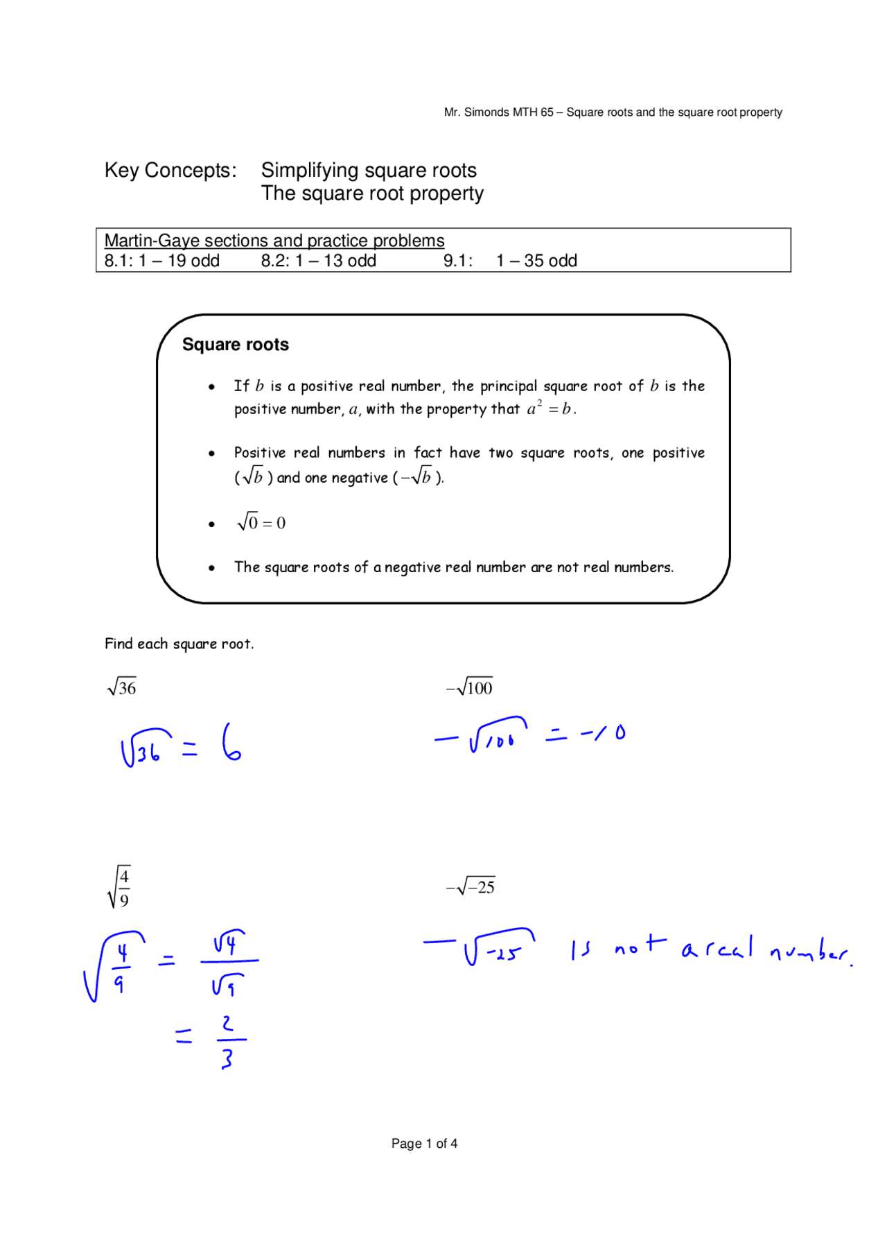 Key Concepts Simplifying Square Roots The Square Root Property Mth