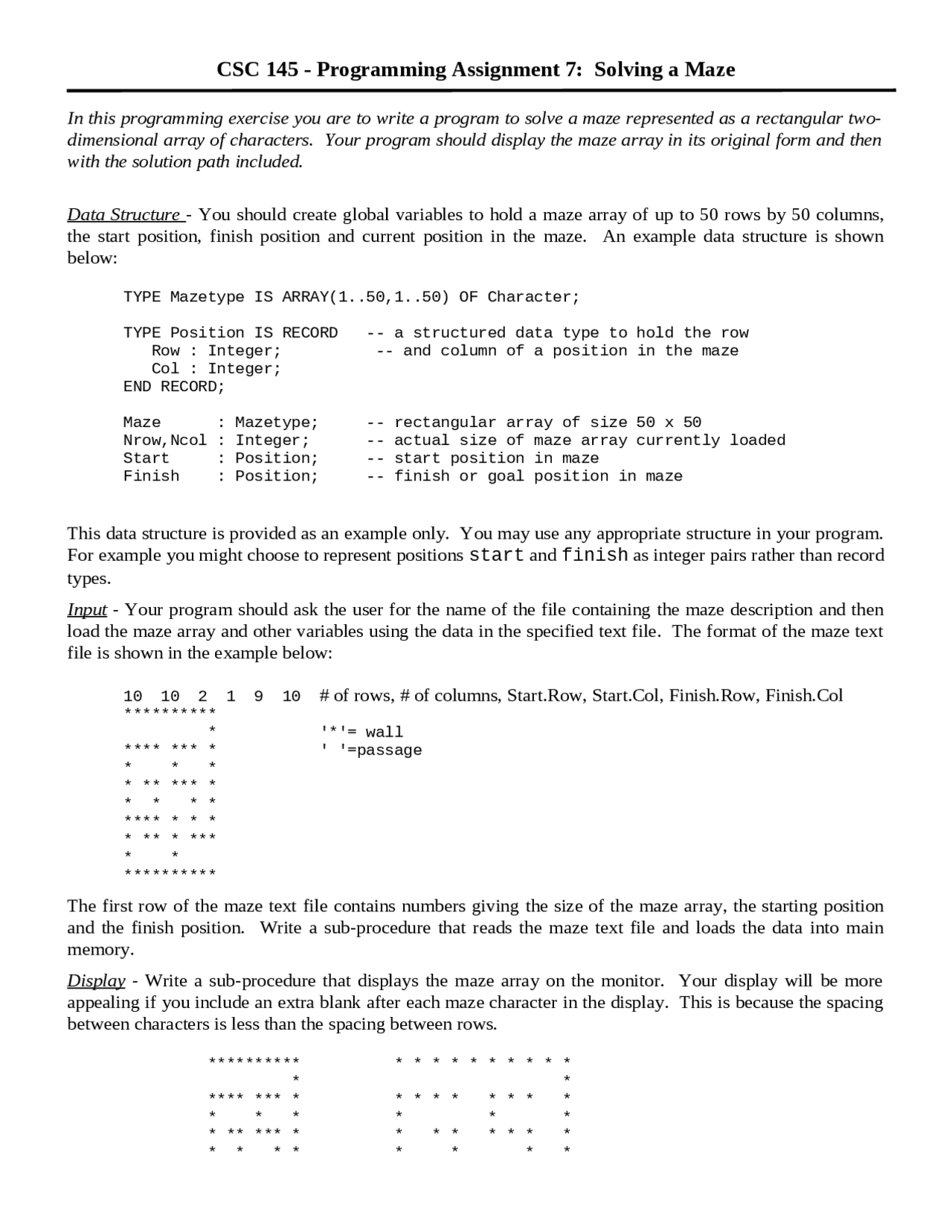 Programming Assignment 7 Solving A Maze Csc 145 Docsity