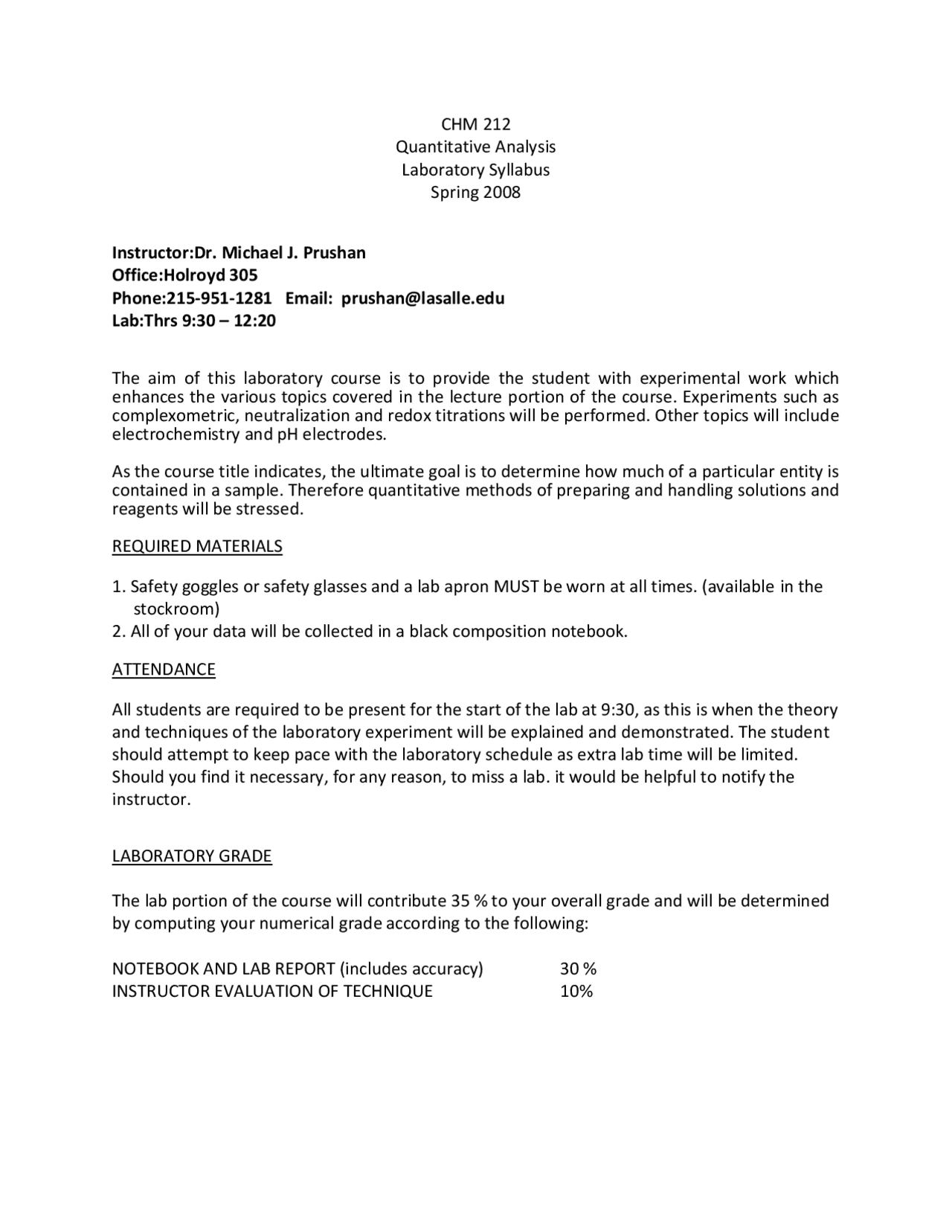 Quantitative Analysis Laboratory Syllabus Spring 2008 Chm 212 Docsity