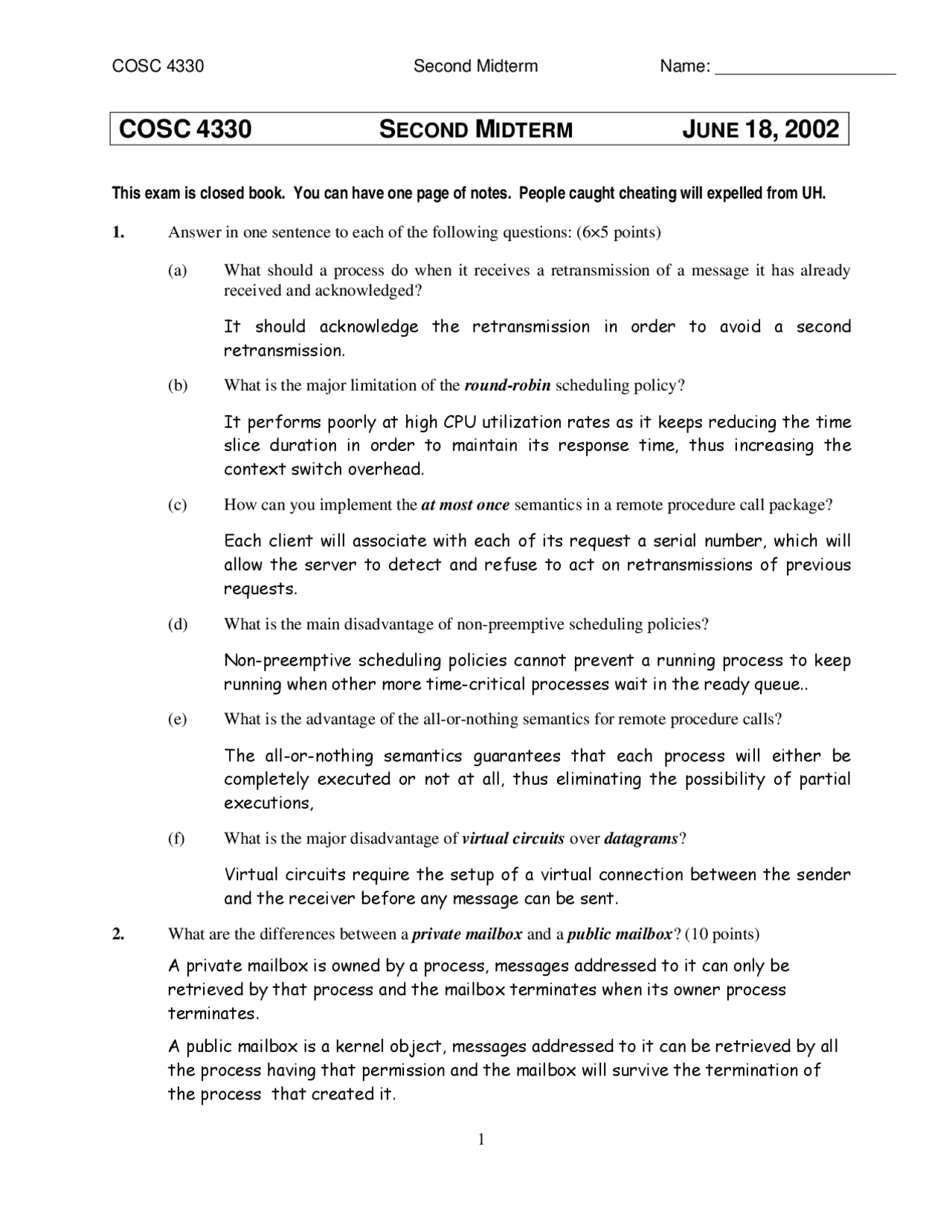 6 Questions Of Fundamentals Operating System Midterm Exam Cosc 4330