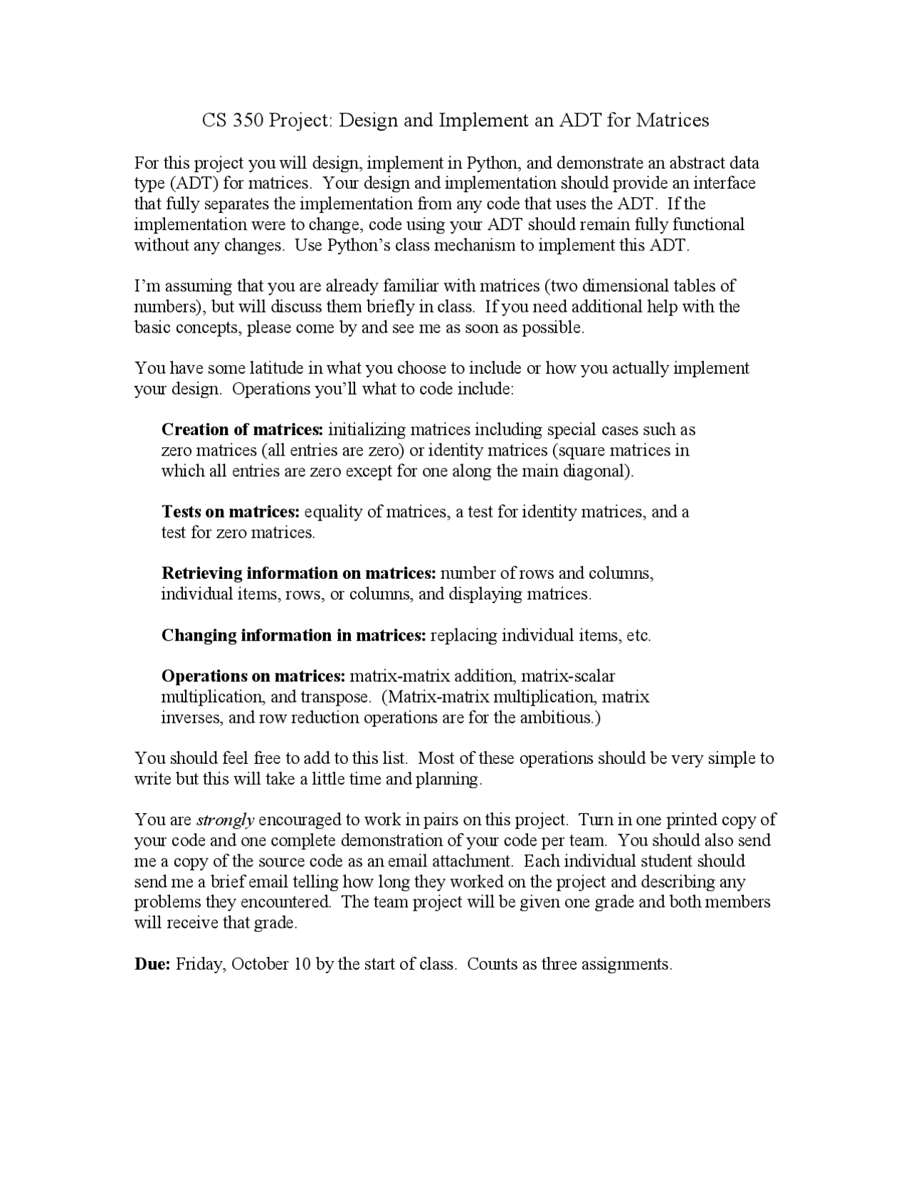 Project: Design and Implement an ADT Matrices | COSC 350 - Docsity