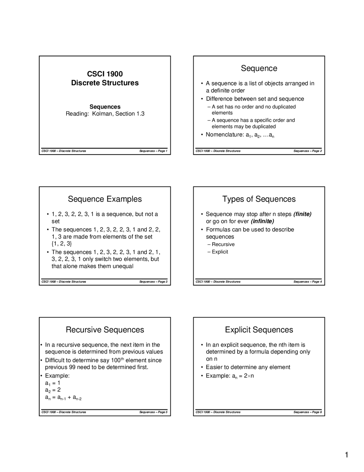 Types Of Sequences In Discrete Structures Csci 1900 Docsity