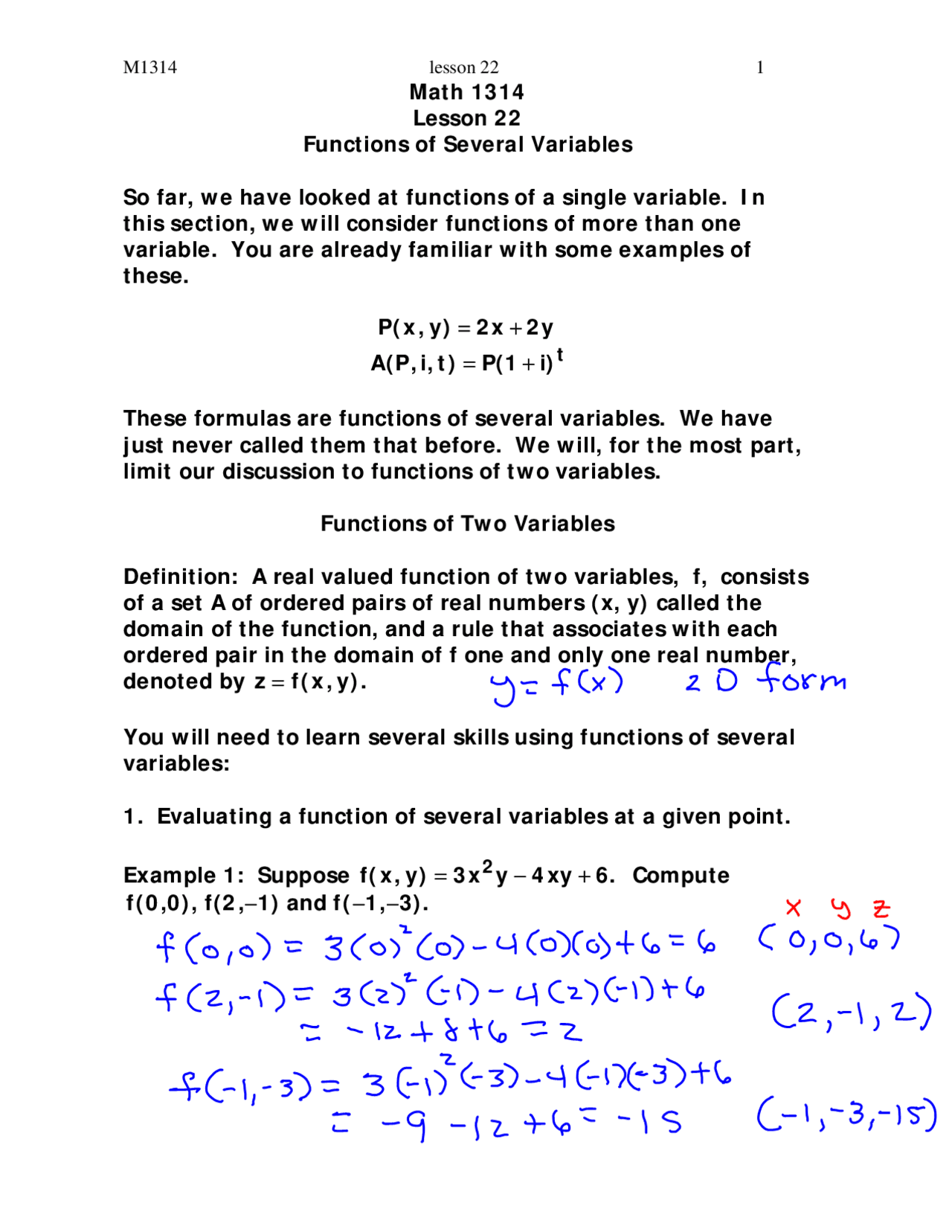 Functions Of Several Variables Lecture Notes Math 1314 Docsity