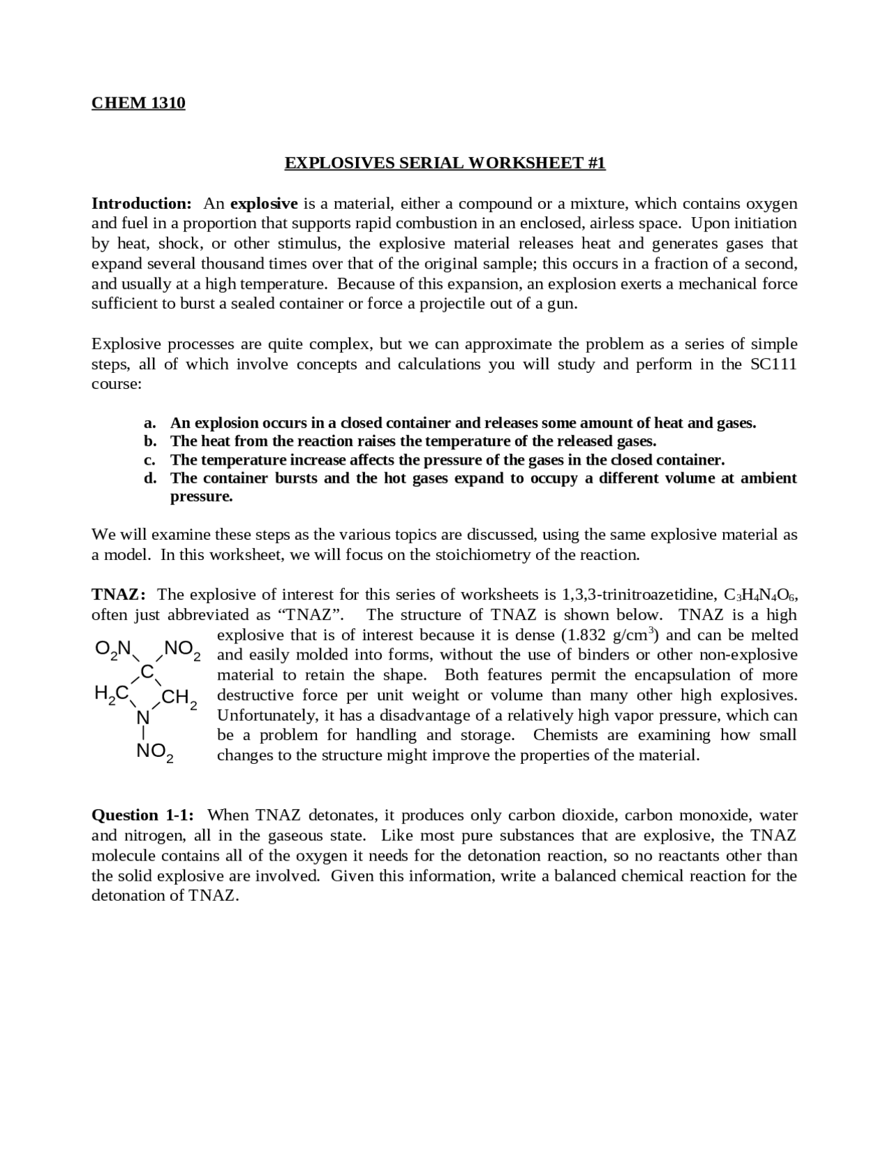 Explosives Serial Worksheet #1 - General Chemistry I | CHEM 1310 - Docsity