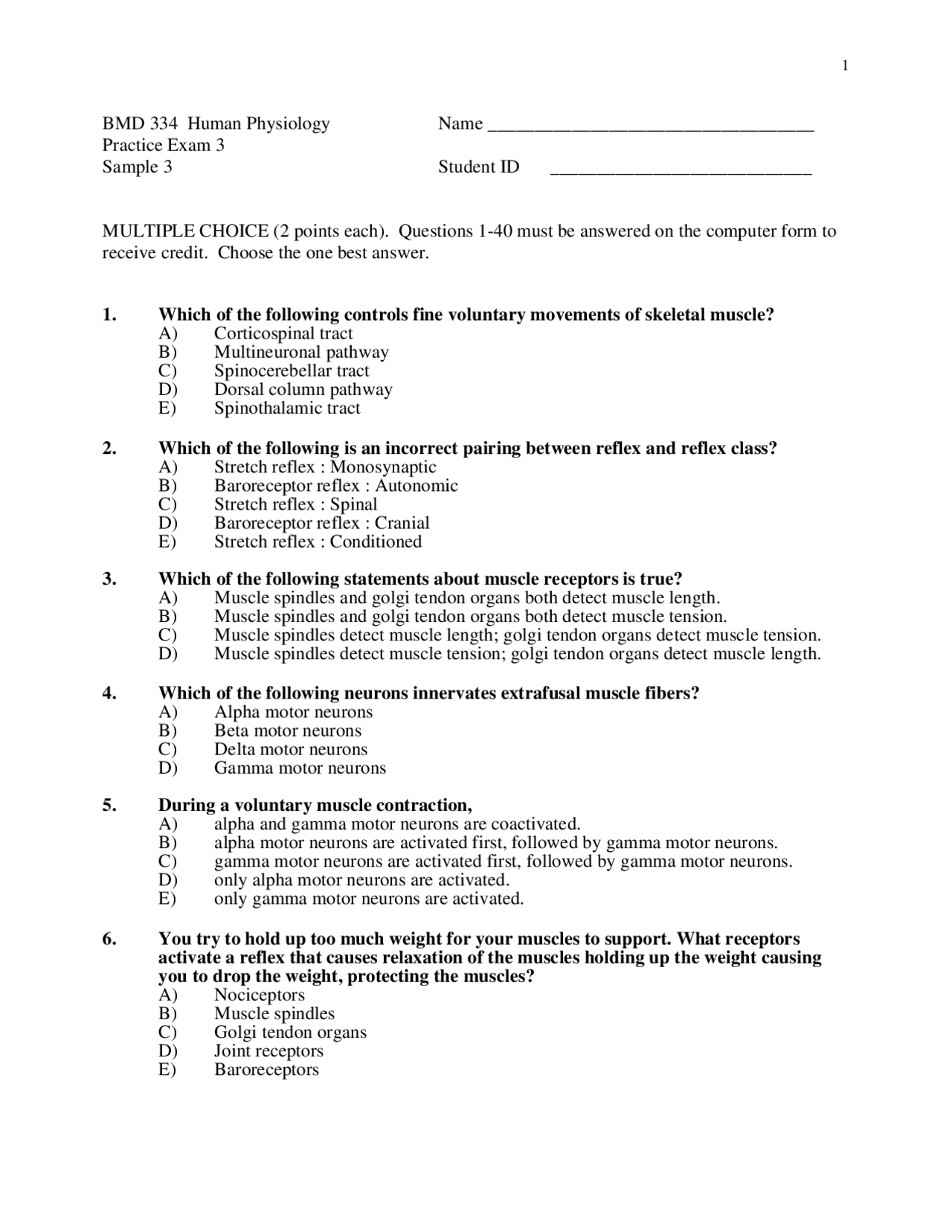 Practice Exam 3 For Human Physiology I Bmd 334 Exams Physiology