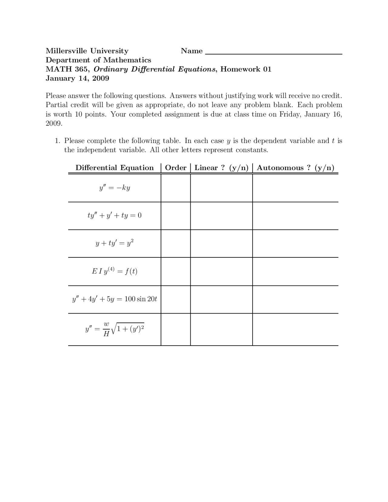 Ordinary Differential Equation - Assignment 1 | MATH 365 - Docsity