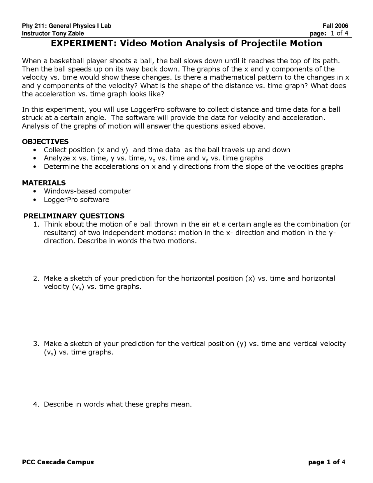 Video Motion Analysis Of Projectile Motion Lecture Notes Phy 211
